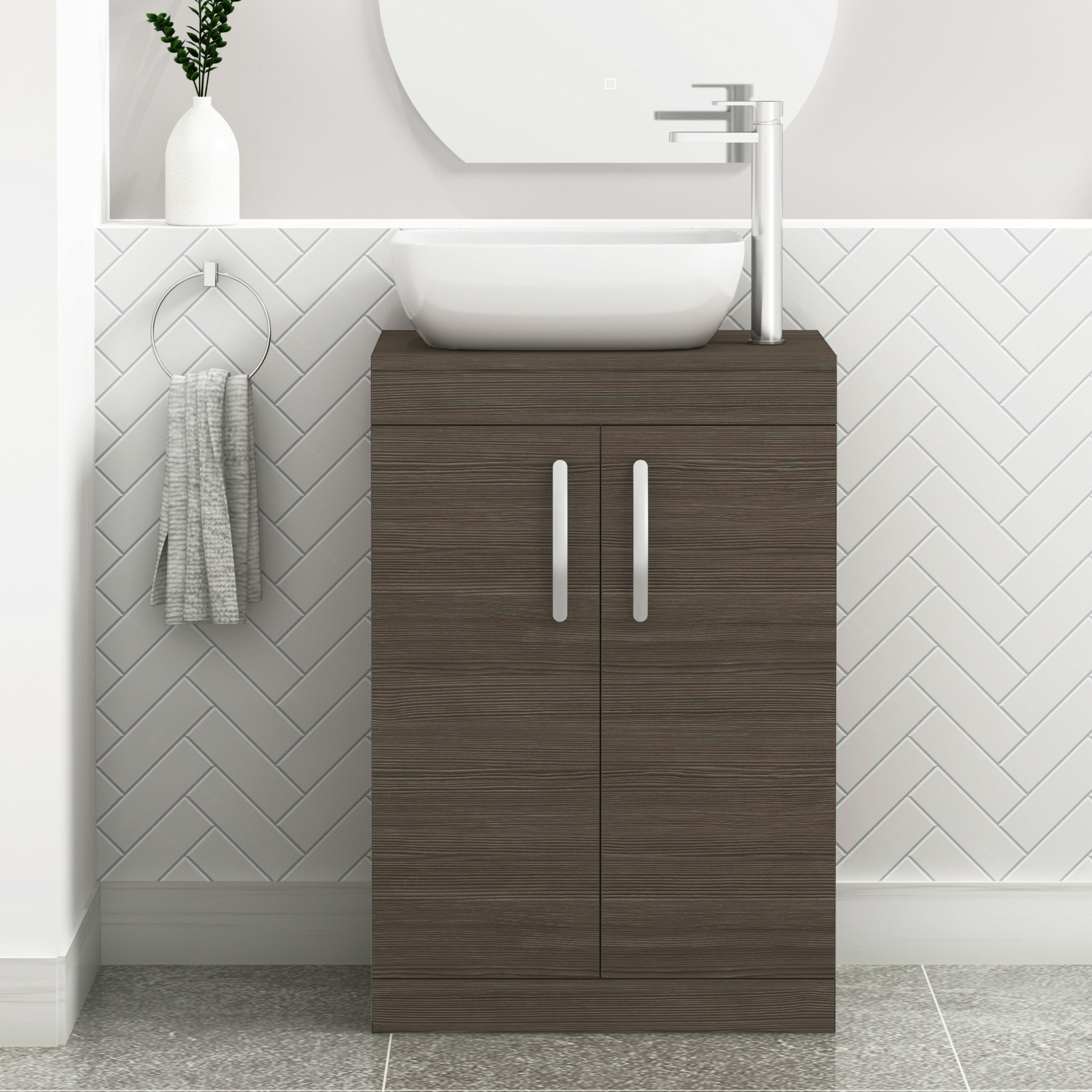 Turin 600mm Floor Standing Vanity Unit 2 Door Grey Elm & Various Countertop Basins | Royal Bathrooms