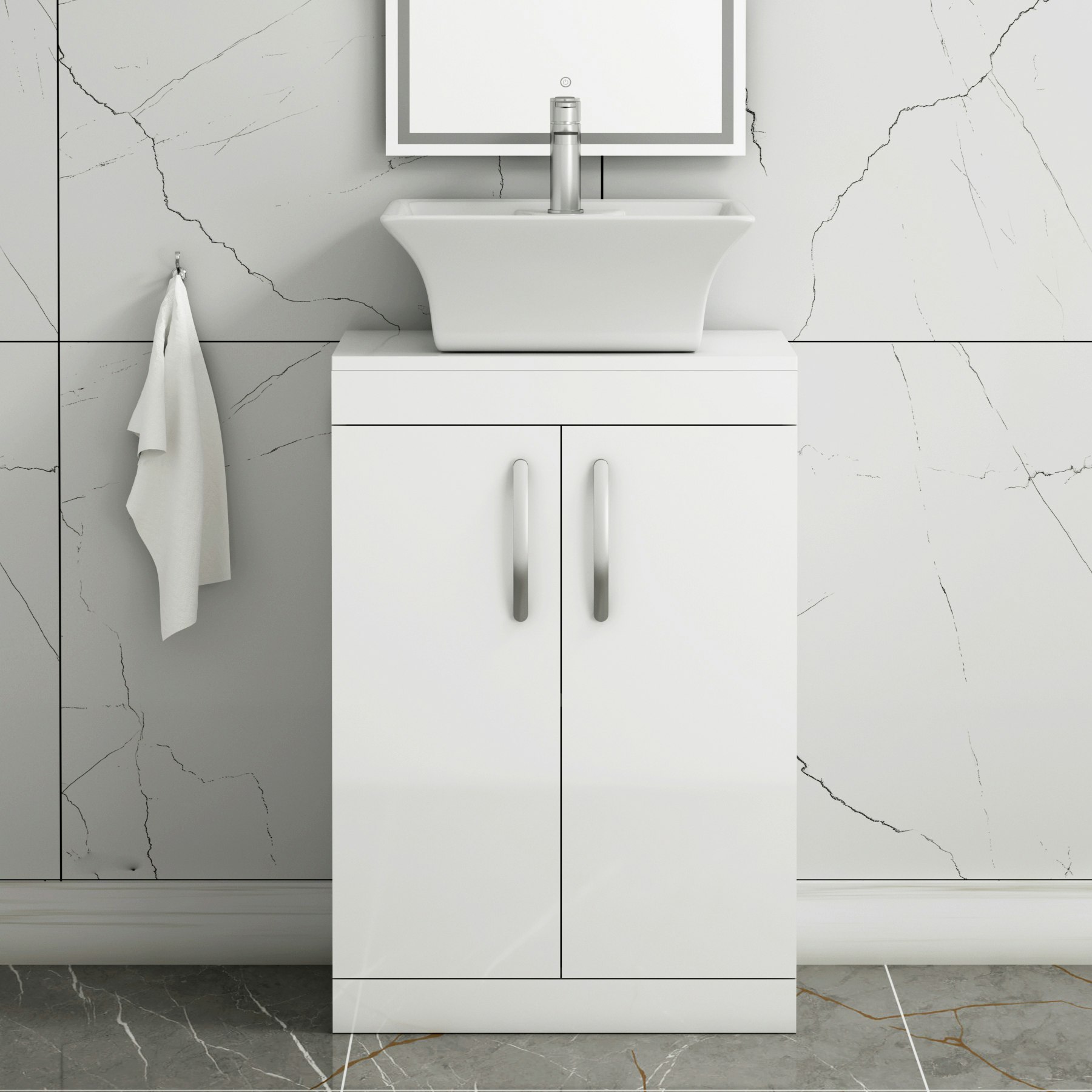 Turin 600mm Floor Standing Vanity Unit 2 Door Gloss White & Various ...