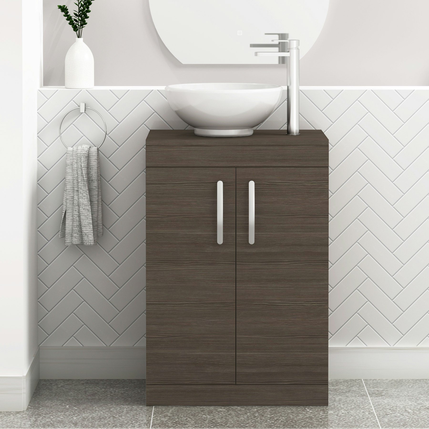 500/600mm Floor Standing Vanity Unit 2 Door Grey Elm & Countertop Basin ...