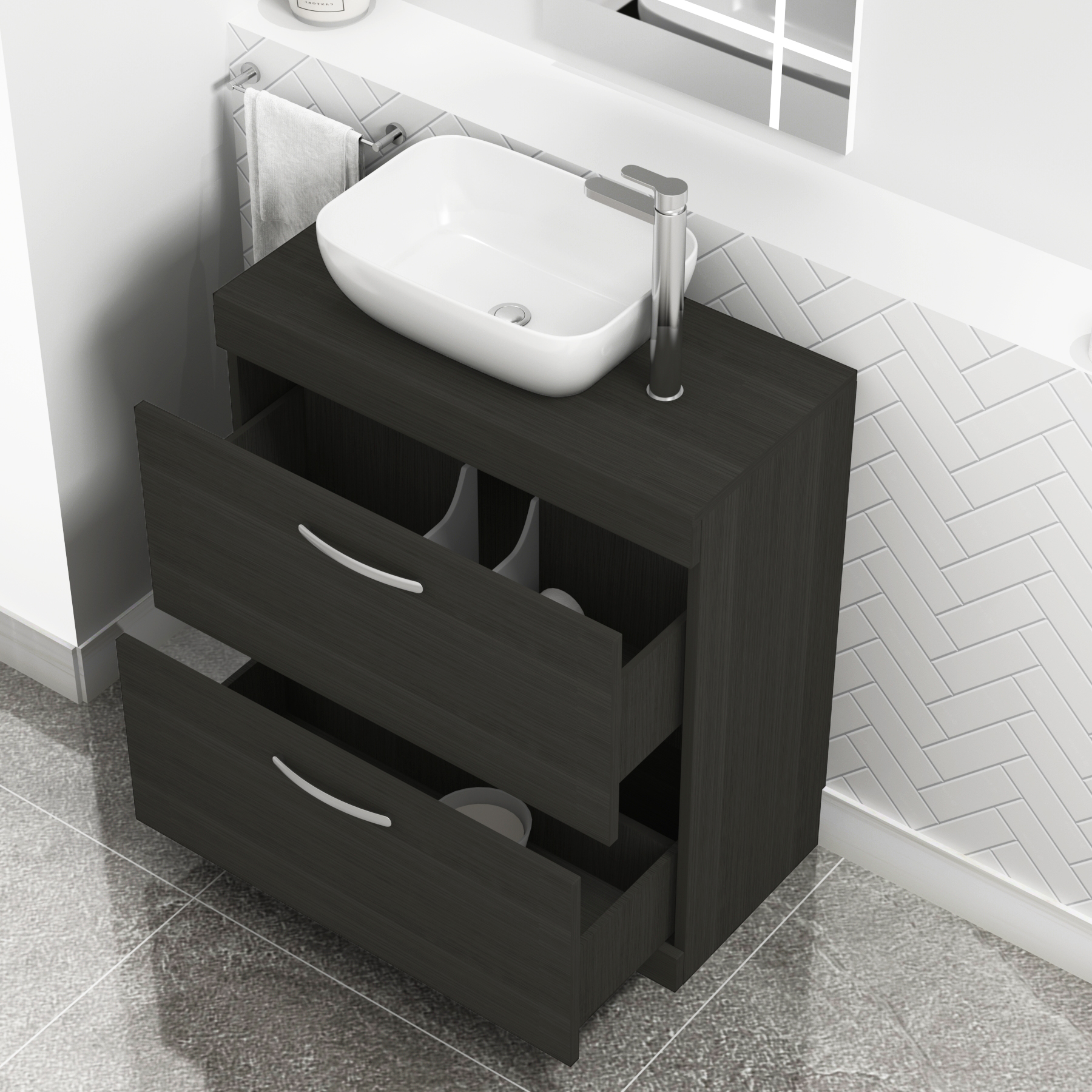 800mm Floor Standing Vanity Unit 2 Drawer Hale Black & Countertop Basin ...
