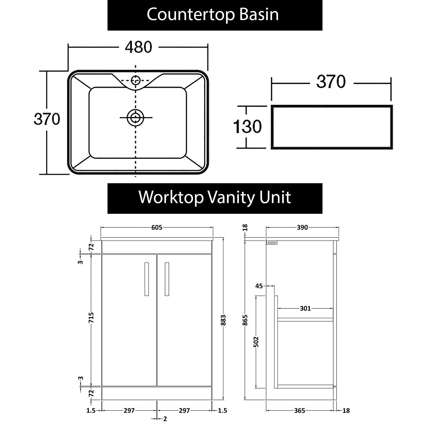600mm Floor Standing Vanity Unit 2 Door Indigo Grey Gloss & Countertop ...
