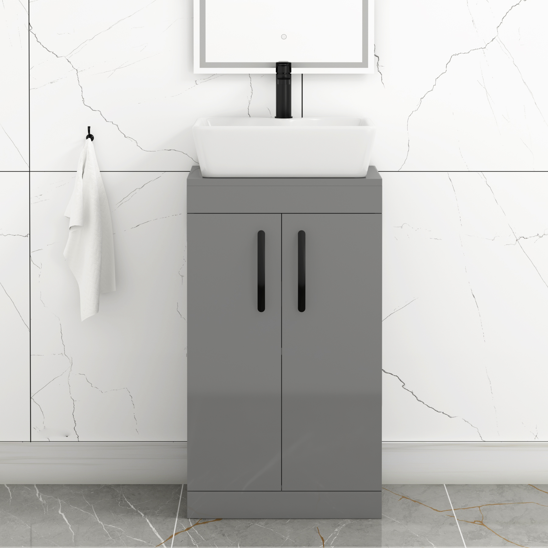500mm Floor Standing Vanity Unit 2 Door Indigo Grey Gloss & Countertop ...