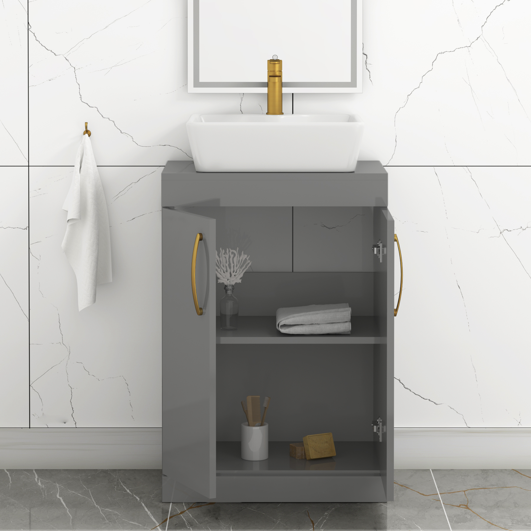 600mm Floor Standing Vanity Unit 2 Door Indigo Grey Gloss & Countertop ...