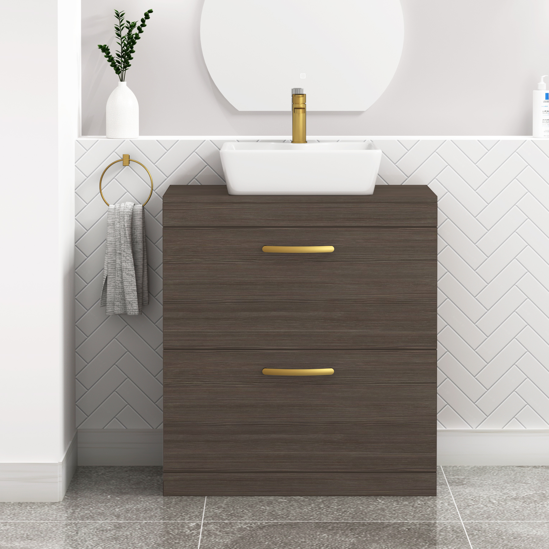 800mm Floor Standing Vanity Unit 2 Drawer Grey Elm & Countertop Basin ...