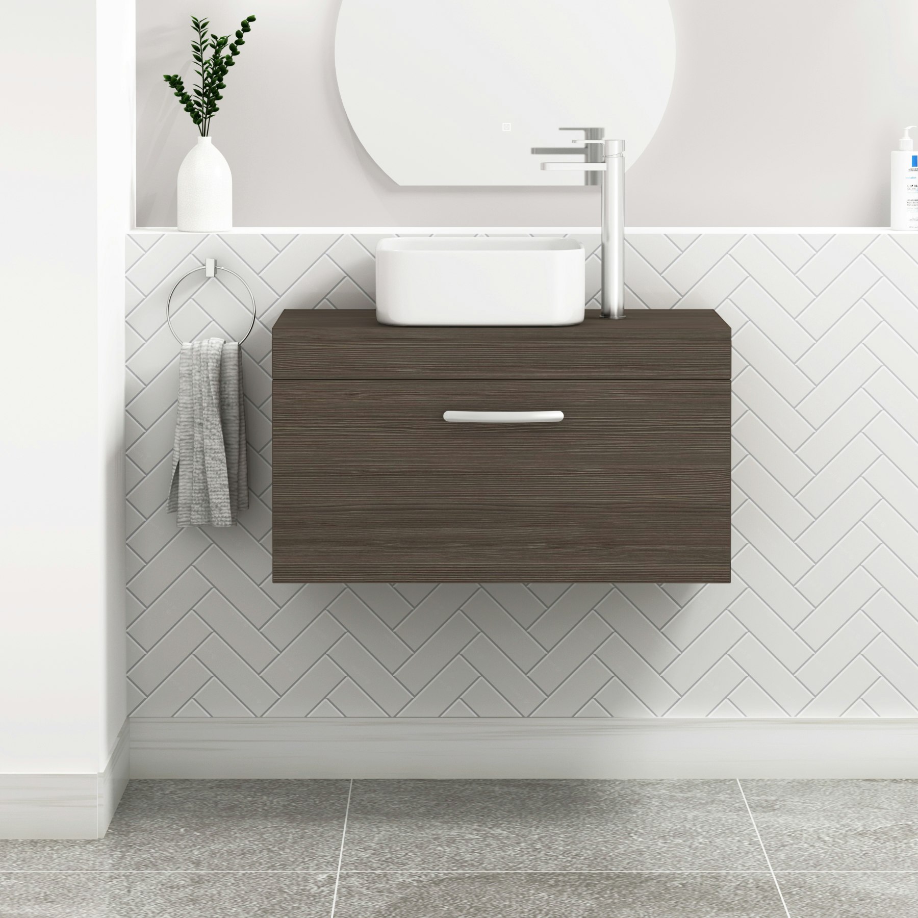 Turin 800mm Wall Hung Vanity Unit 1 Drawer Grey Elm & Various ...