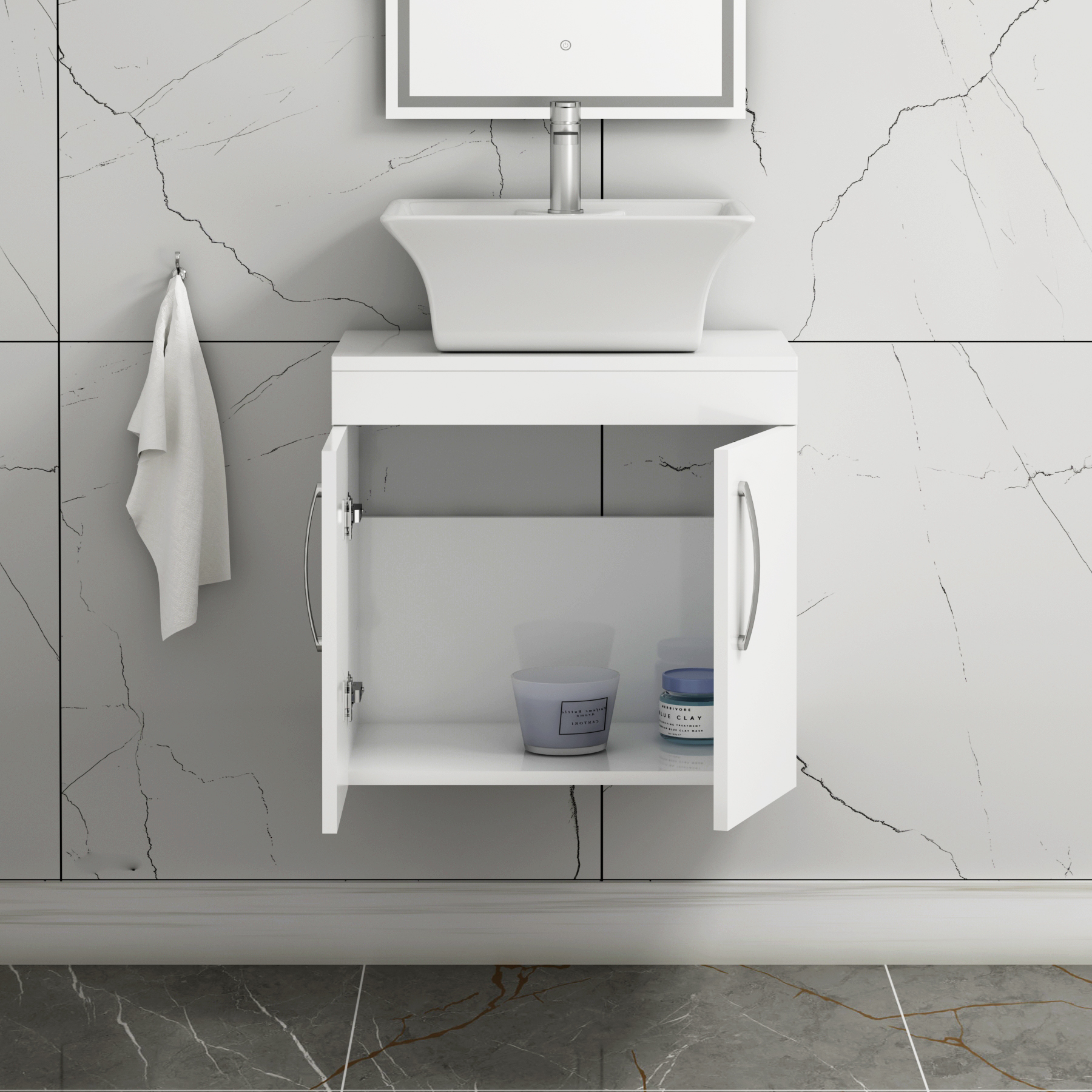 Turin 600mm Wall Hung Vanity Unit 2 Door Gloss White & Countertop Basin ...