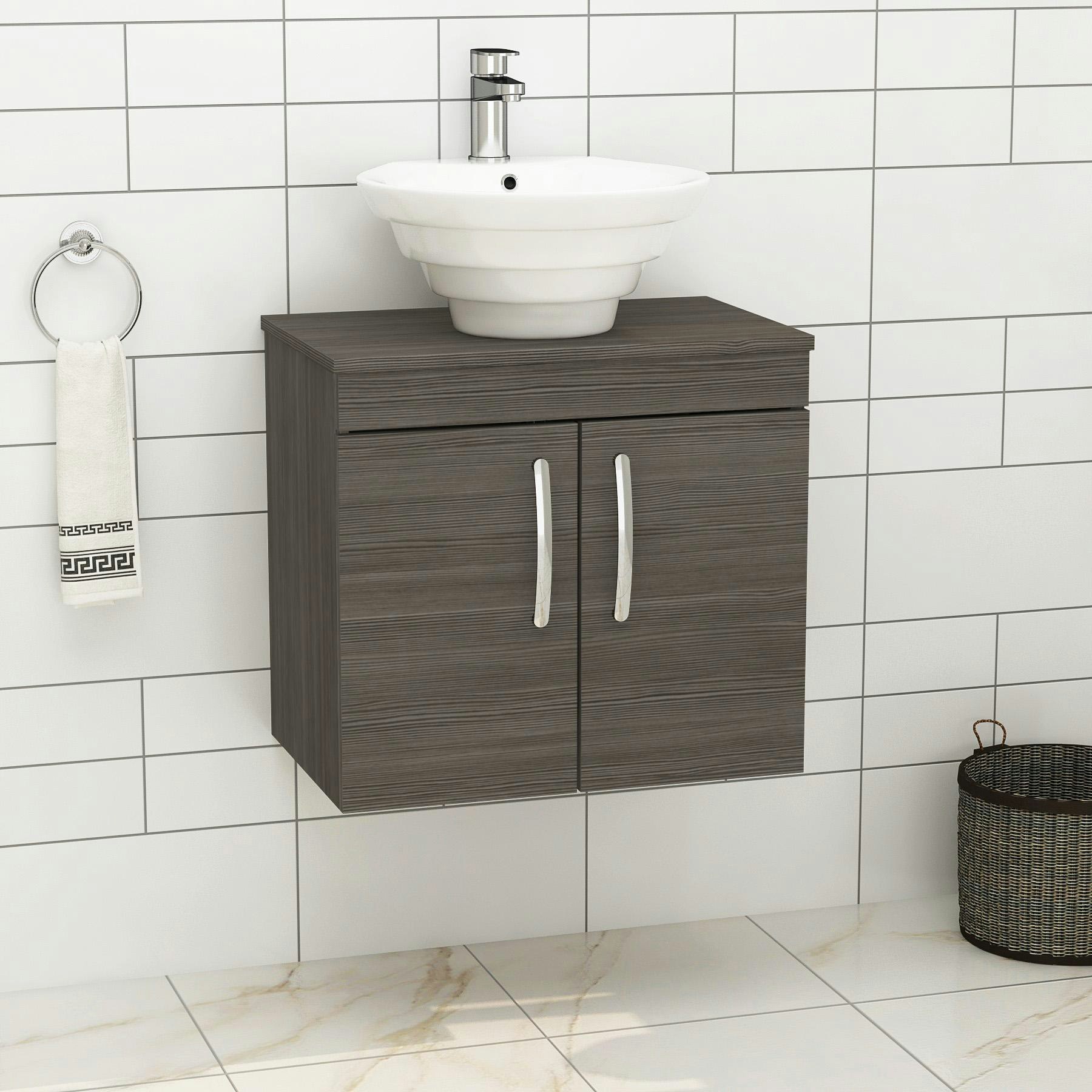 Turin 600mm Wall Hung Vanity Unit 2 Door Grey Elm & Various Countertop ...