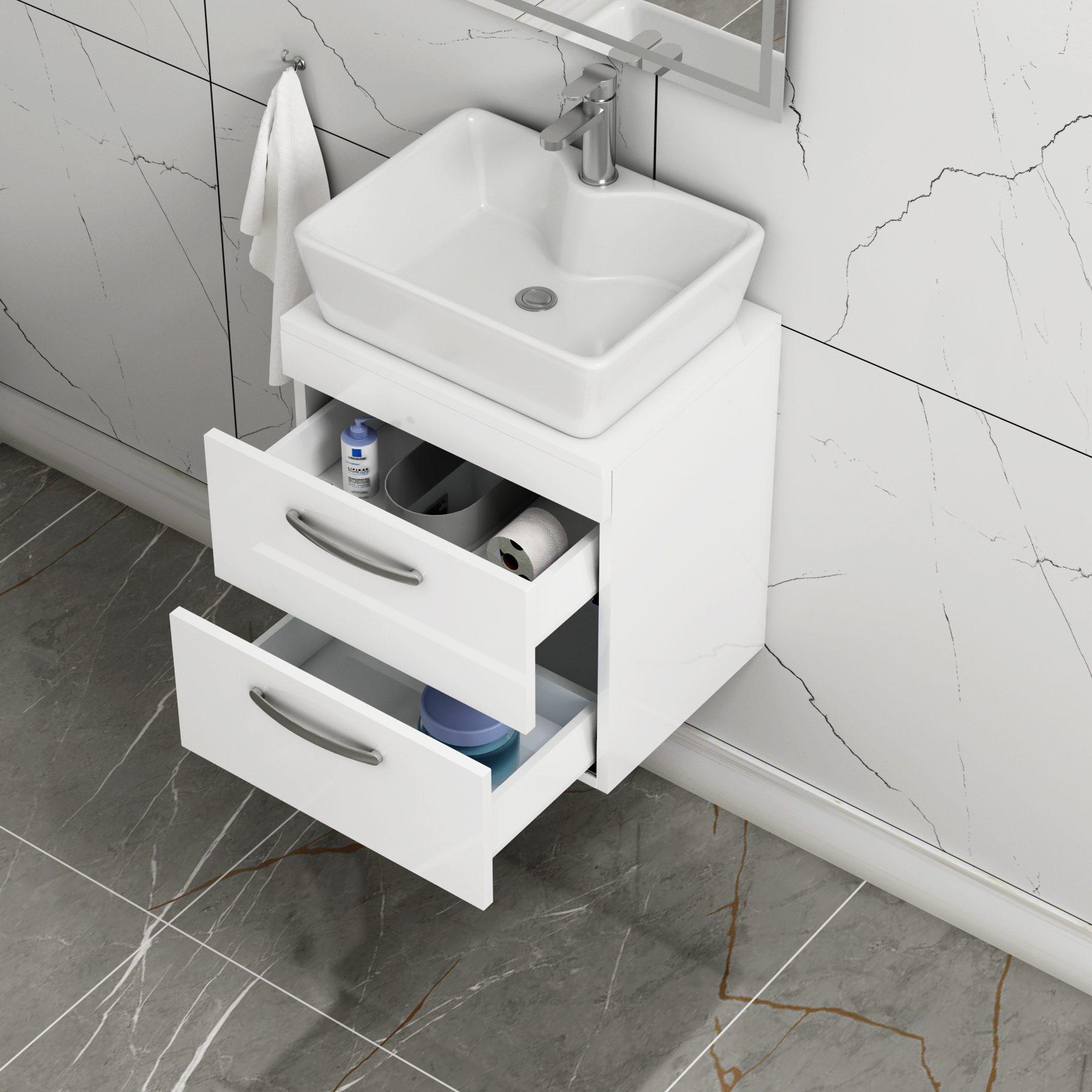 Turin 500mm Wall Hung Vanity Unit 2 Drawers Gloss White & Various ...
