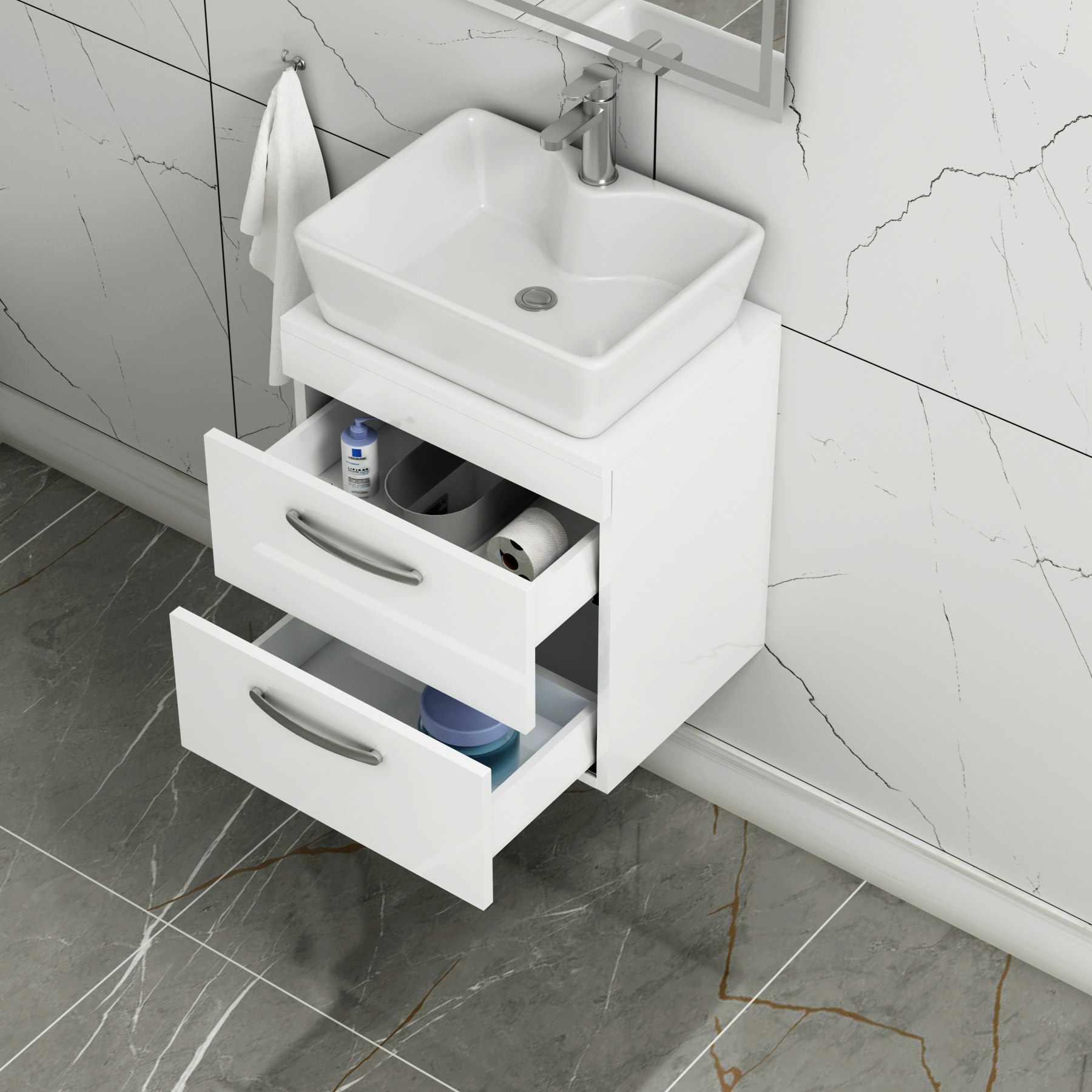 Turin 500mm Wall Hung Vanity Unit 2 Drawers Gloss White & Various ...