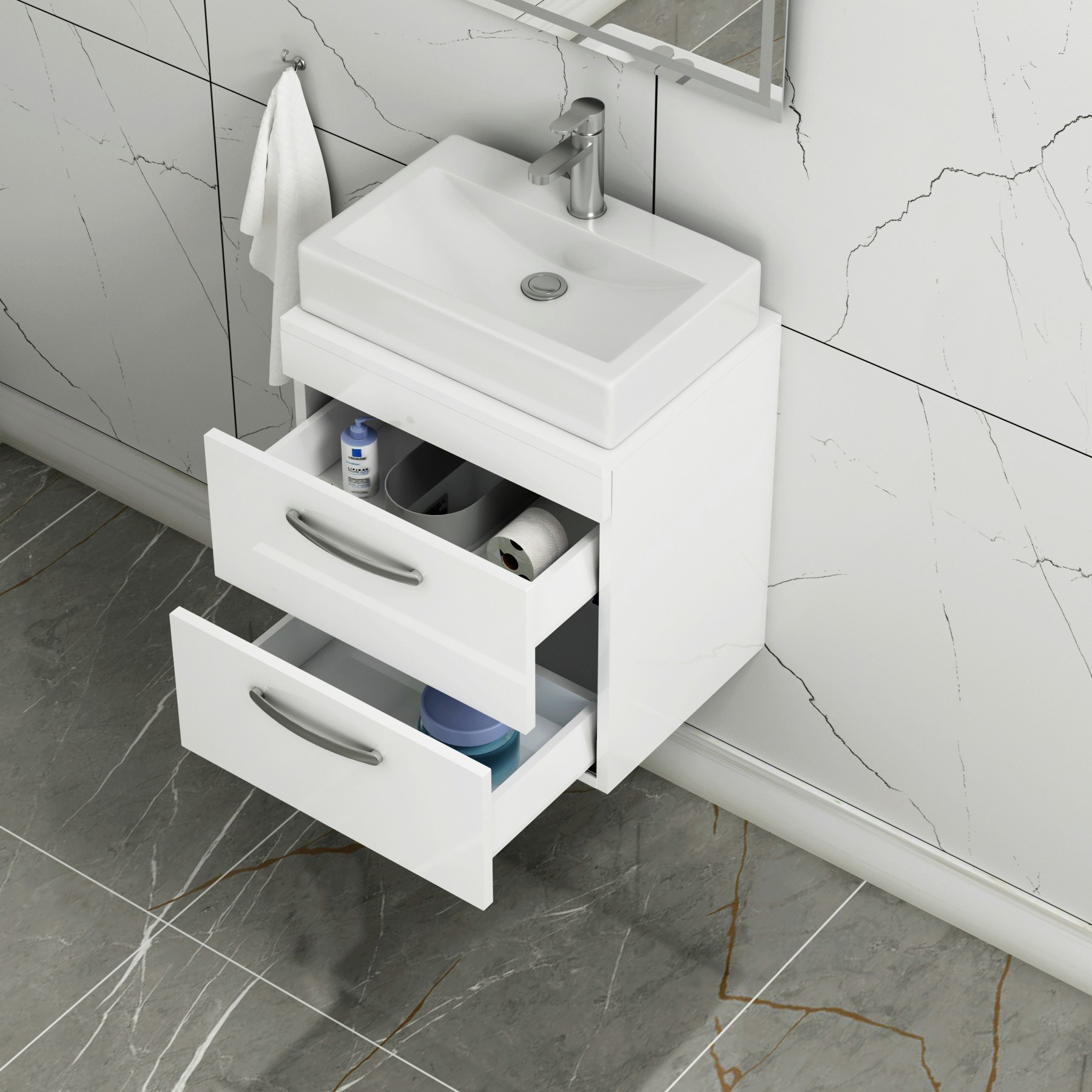 Turin 500mm Wall Hung Vanity Unit 2 Drawers Gloss White & Various ...