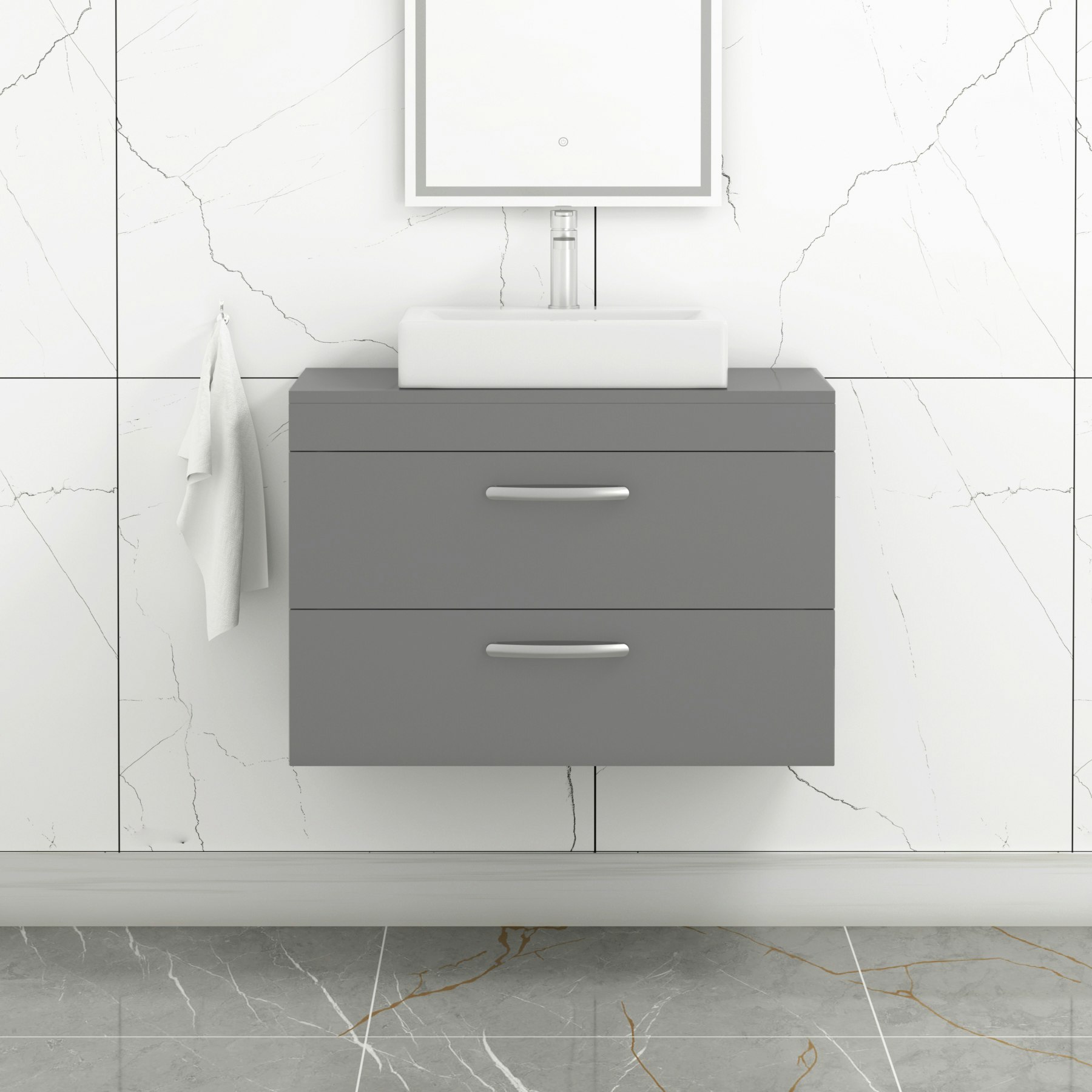 Turin 800mm Wall Hung Vanity Unit 2 Drawers Indigo Grey Gloss & Various ...