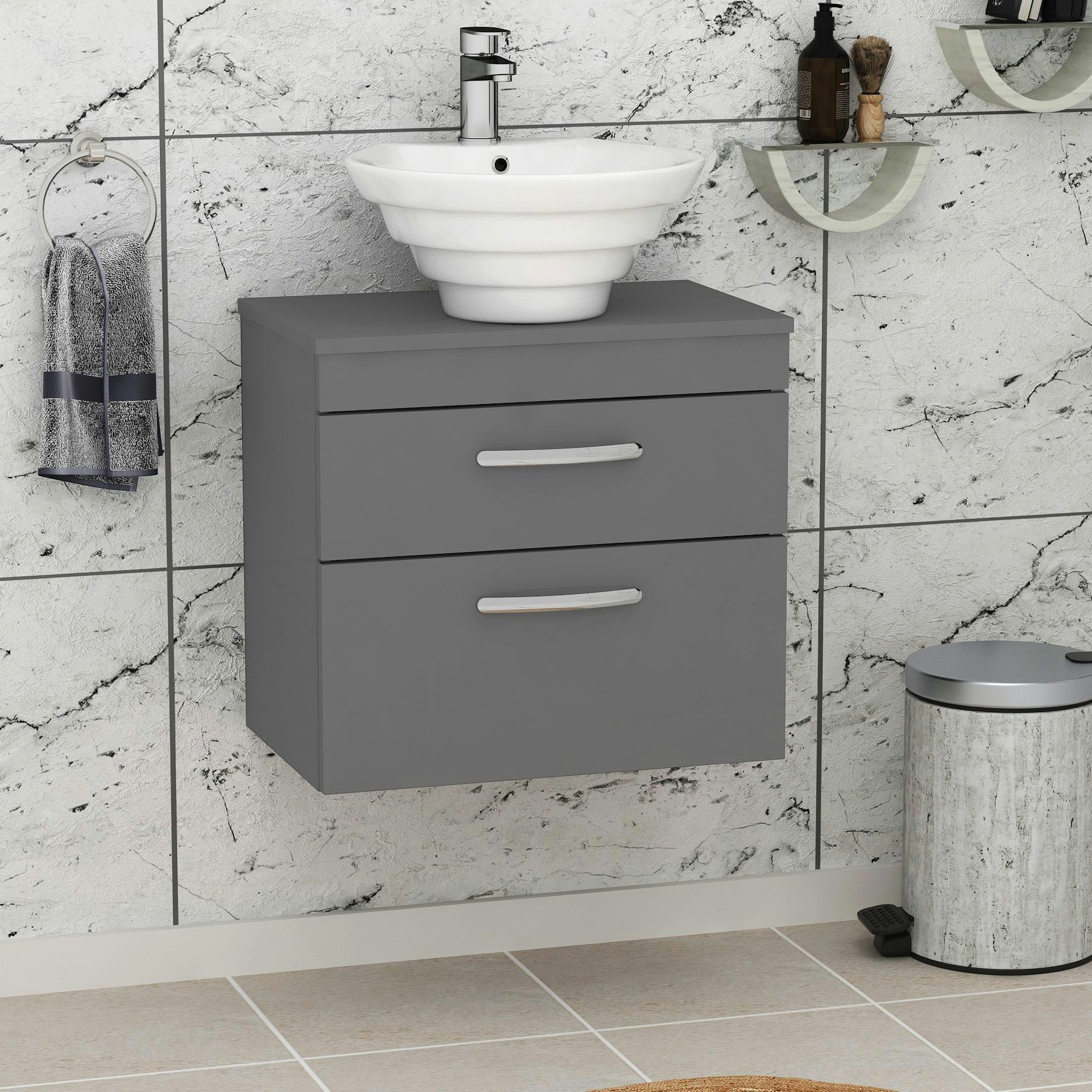500/600/800mm Wall Hung Vanity Unit 2-Drawer Indigo Grey Gloss & Cesar ...