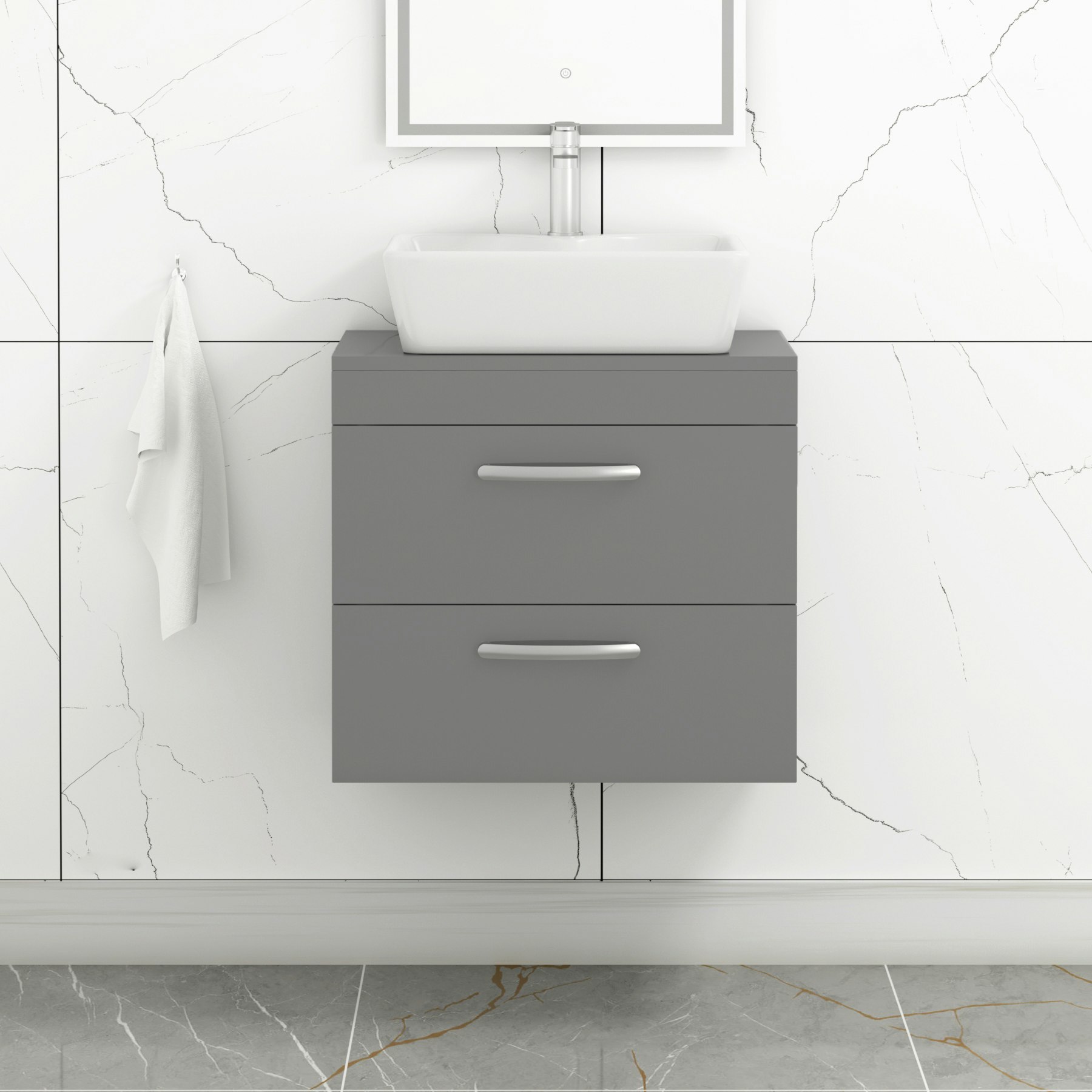 500/600/800mm Wall Hung Vanity Unit 2-Drawer Indigo Grey Gloss & Cube ...