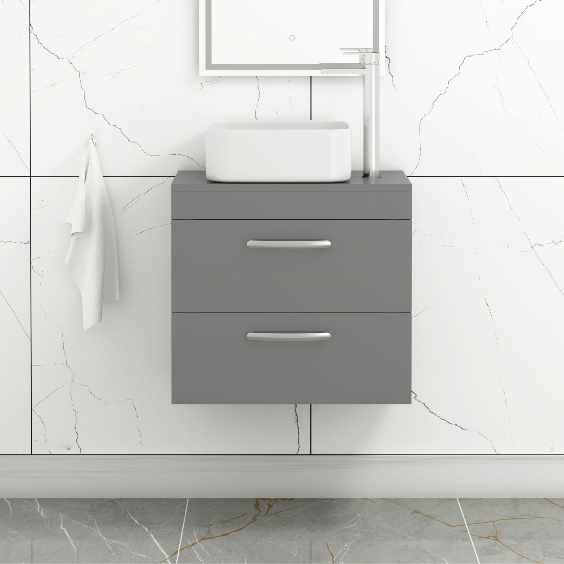 500/600/800mm Wall Hung Vanity Unit 2-Drawer Indigo Grey Gloss & Elena ...