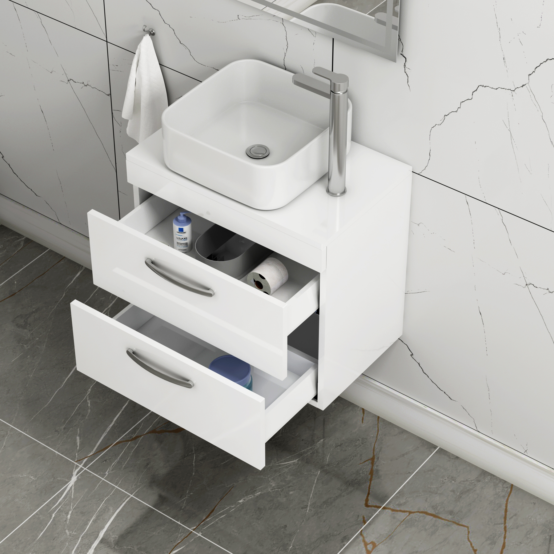 500/600/800mm Wall Hung Vanity Unit 2-Drawer Gloss White & Elena ...