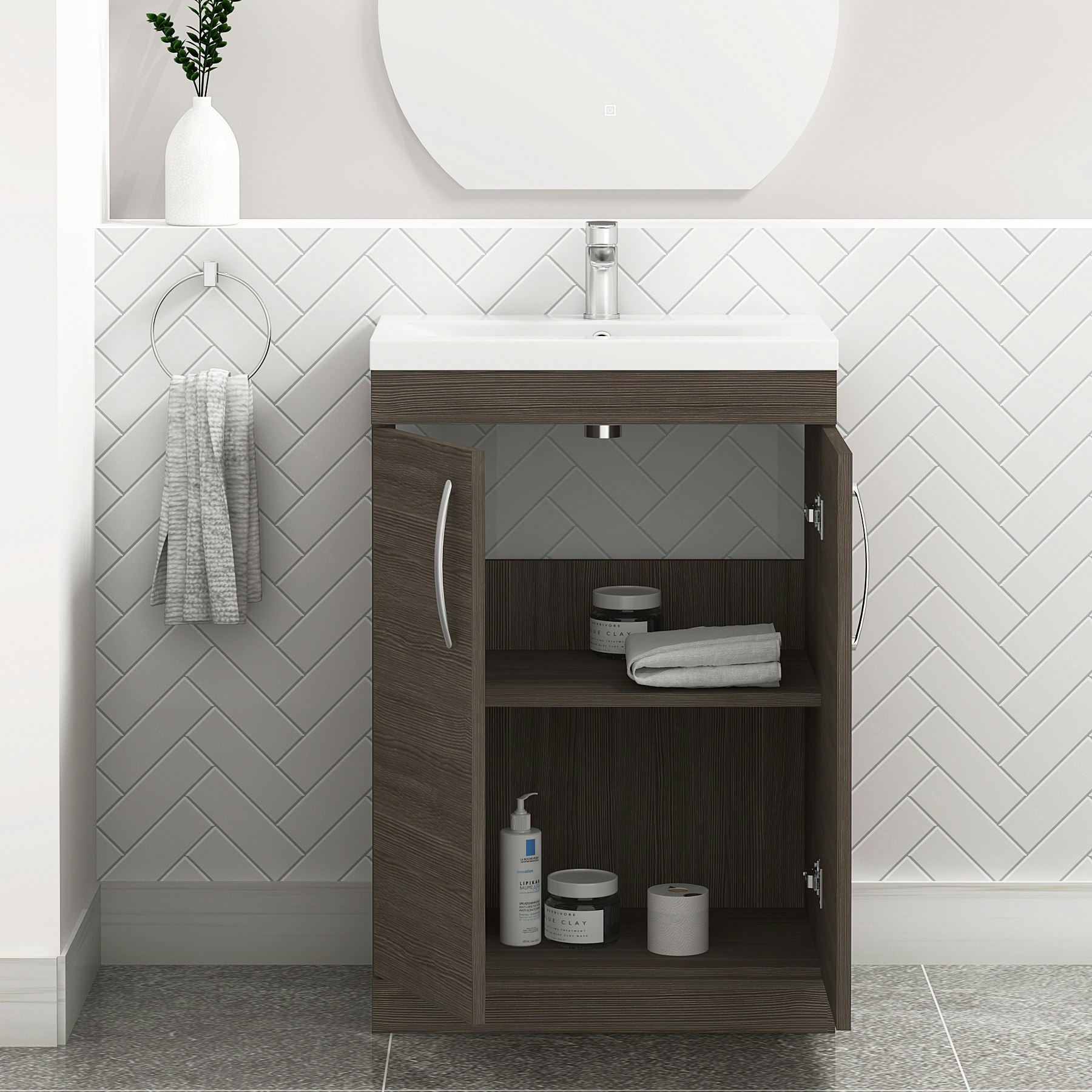 600mm Grey Elm Floor Standing 2 Door Vanity Unit and Optional Basin ...