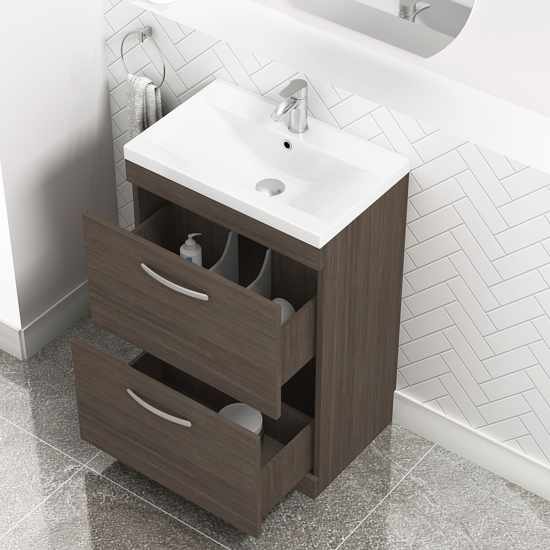 Turin 500 / 600 / 800mm Free Standing Vanity Unit Grey Elm 2 Drawer ...
