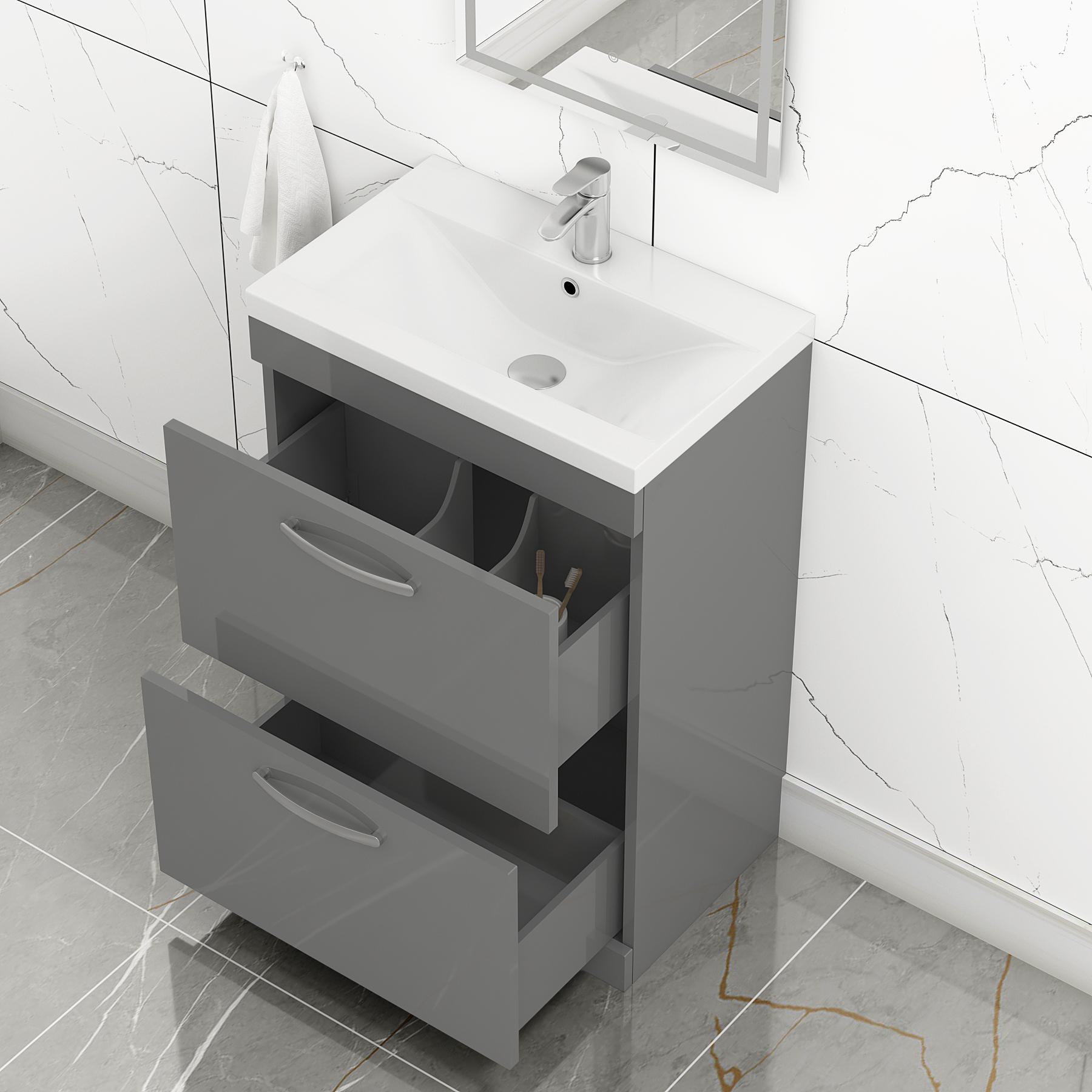 600mm Indigo Grey Gloss Floor Standing 2 Drawer Vanity Unit and ...