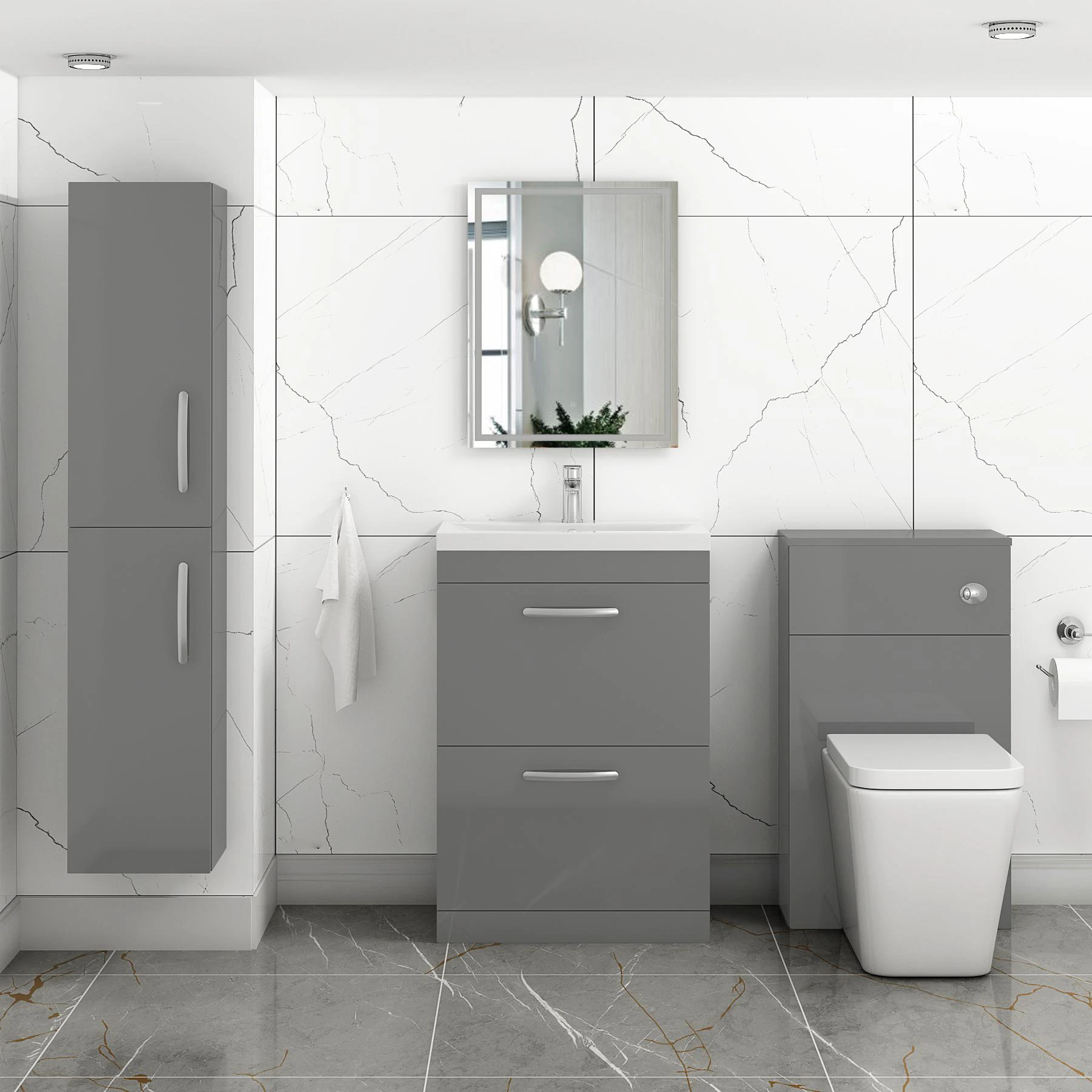 Turin Indigo Grey Gloss 2 Drawer Floor Standing Vanity Unit with Mid ...