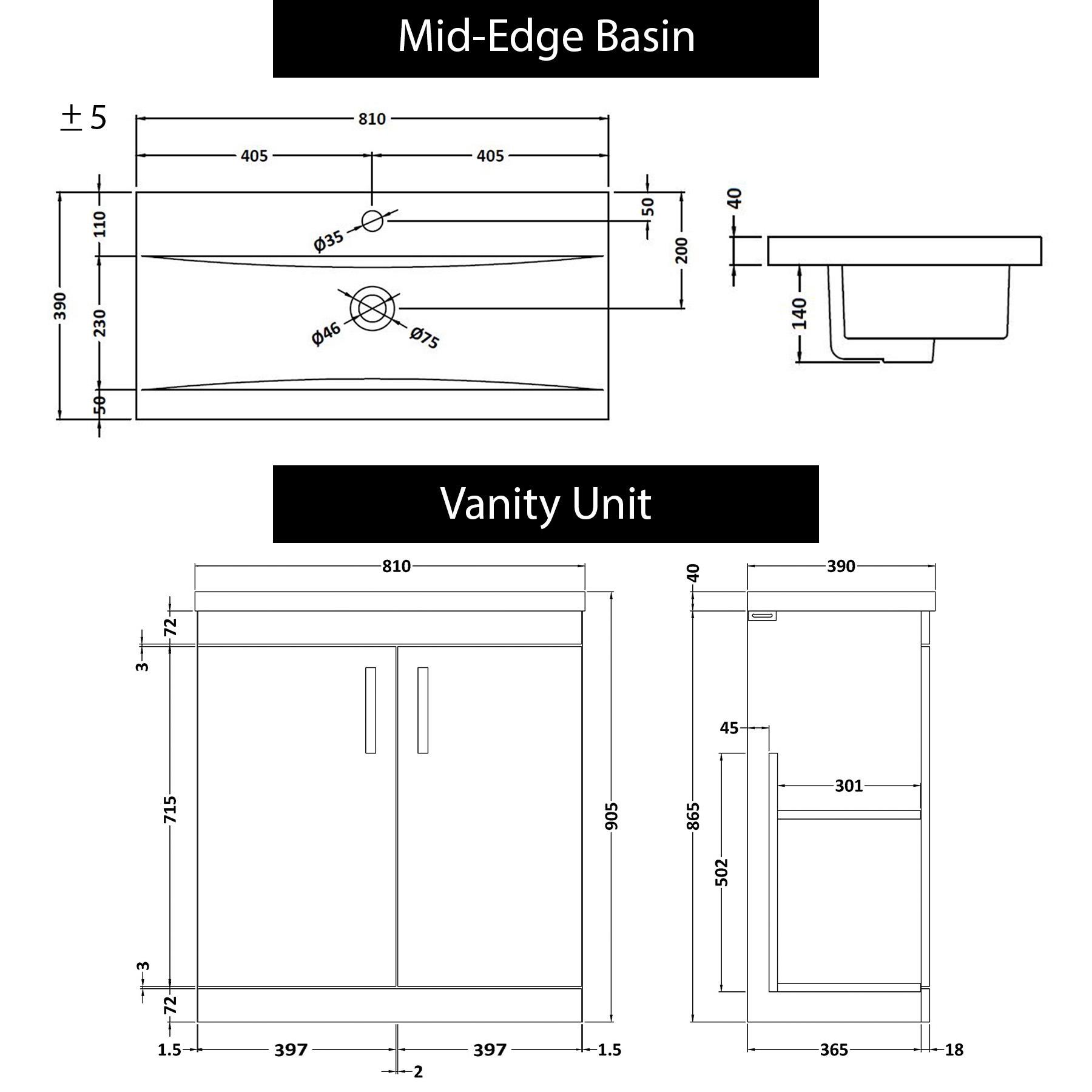 Turin 800mm Indigo Grey Gloss 2-Door Mid Edge Vanity Unit with Cube ...