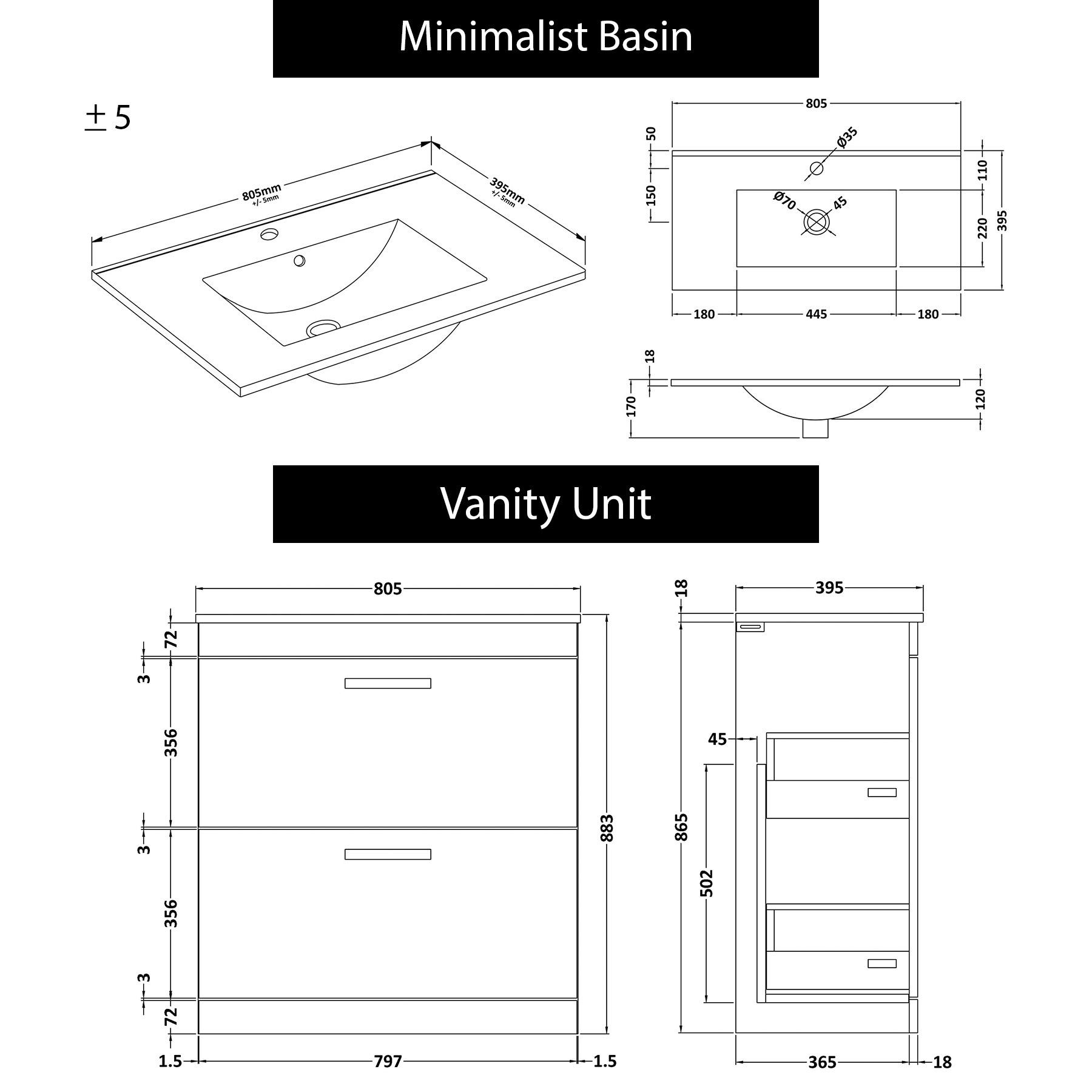 Turin 800mm Floor Standing Vanity Unit Indigo Grey Gloss 2 Drawer ...