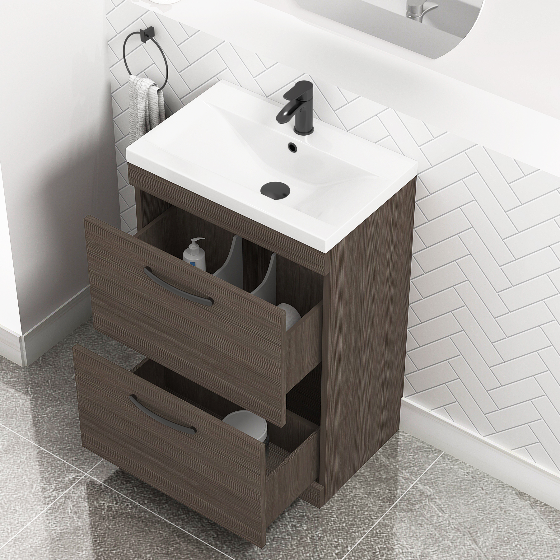 Turin 600mm Floor Standing Vanity Unit Grey Elm 2 Drawer Mid-Edge Basin ...