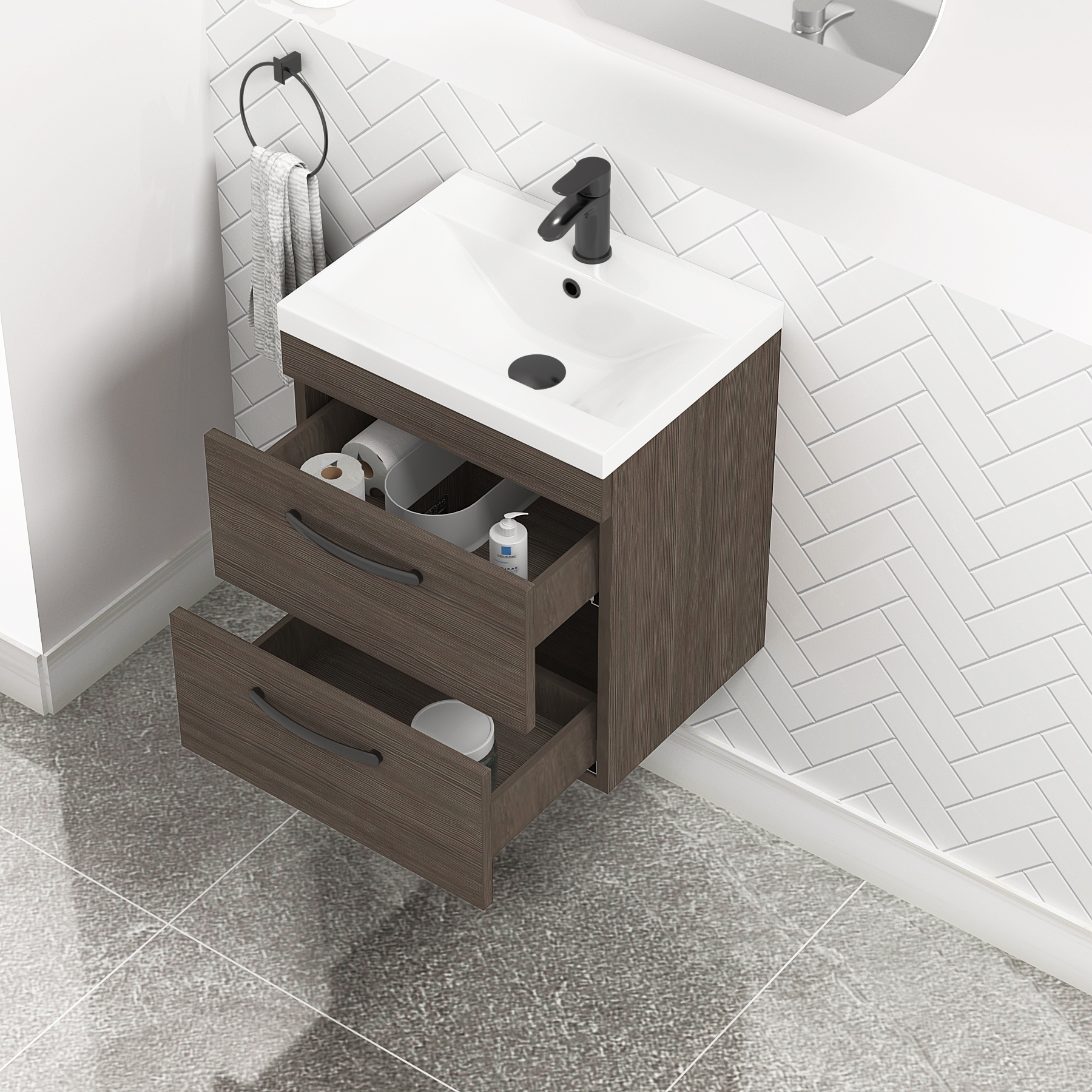 Turin 500mm Wall Hung Vanity Unit Grey Elm 2 Drawer - Mid-Edge Sink ...