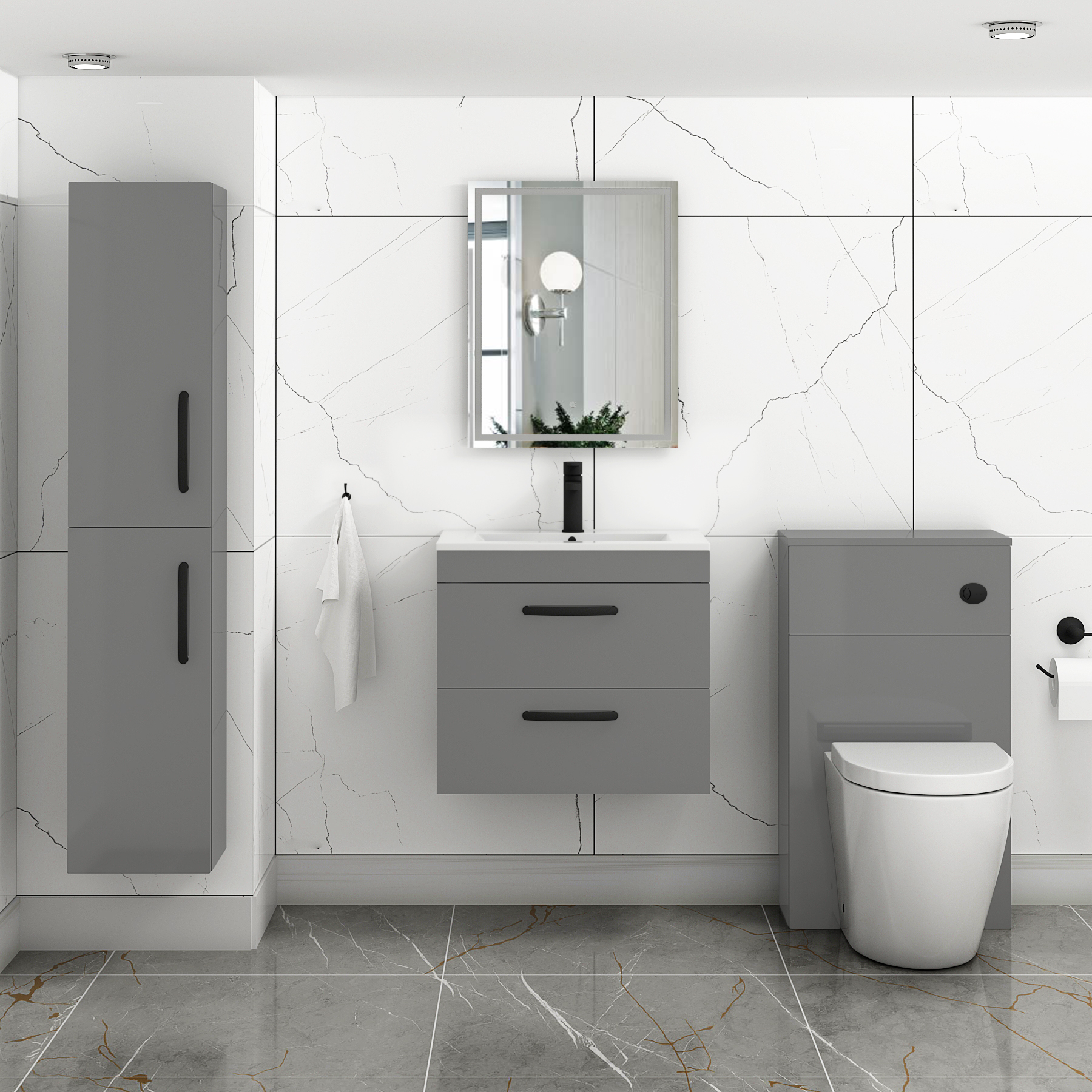 600mm Modern Wall Hung Vanity Basin Unit Indigo Grey Gloss 2 Drawer ...