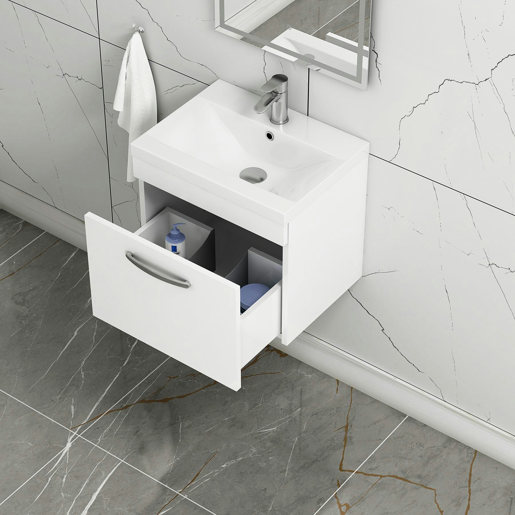 500mm Gloss White Wall Hung 1 Drawer Vanity Unit and Optional Basin ...