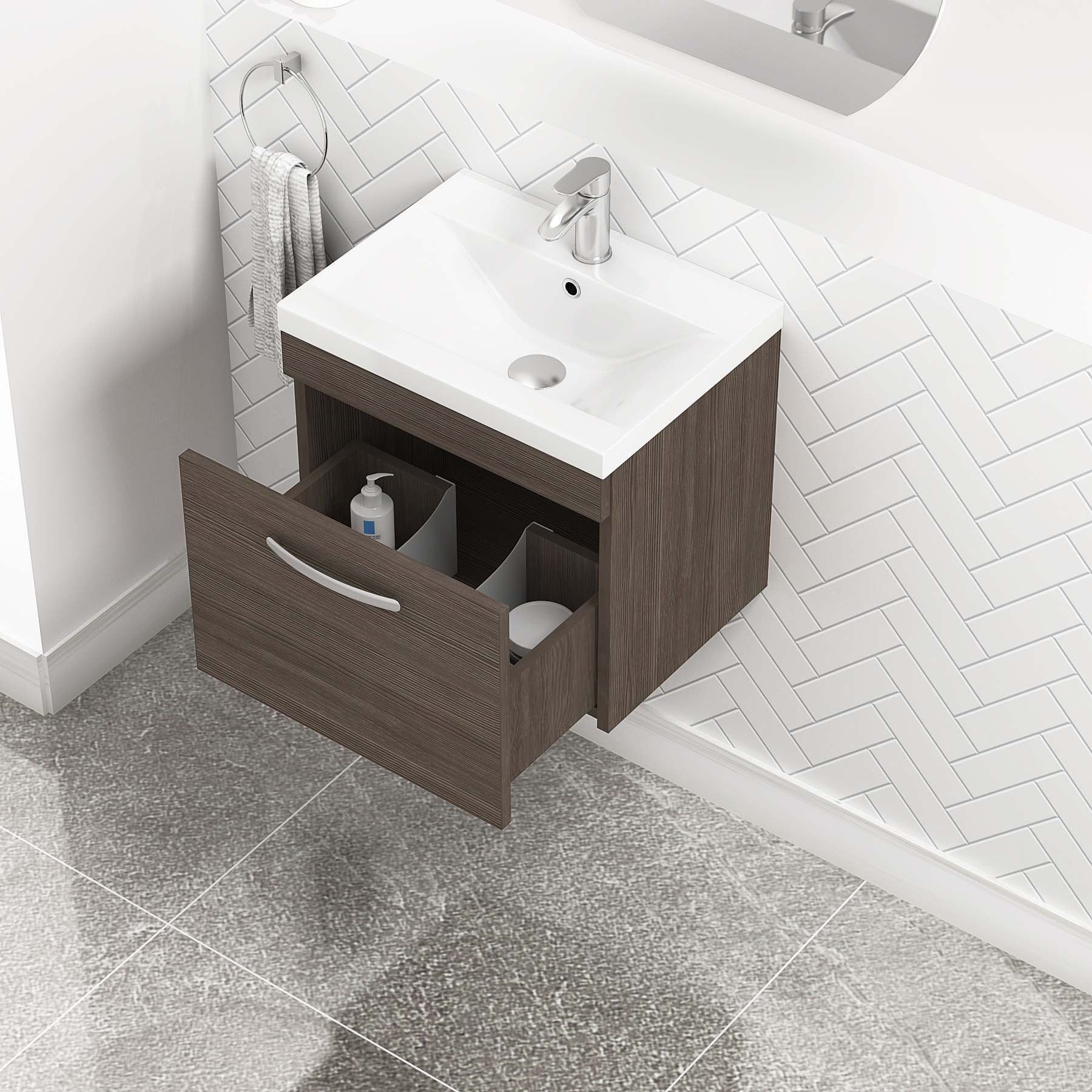 500mm Grey Elm Wall Hung 1 Drawer Vanity Unit and Optional Basin - Mid ...