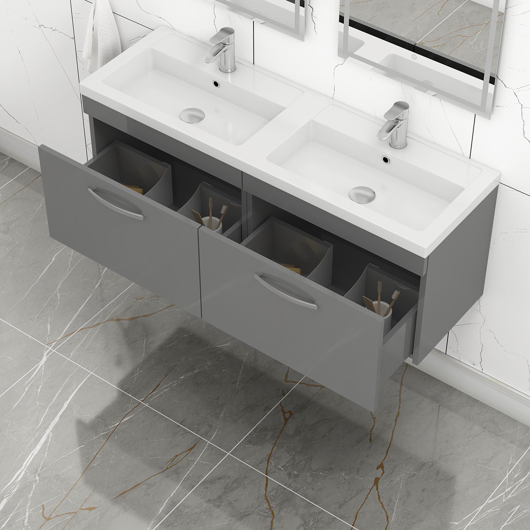Modern 1200mm Wall Hung Vanity Sink Unit Indigo Grey Gloss Double Basin ...