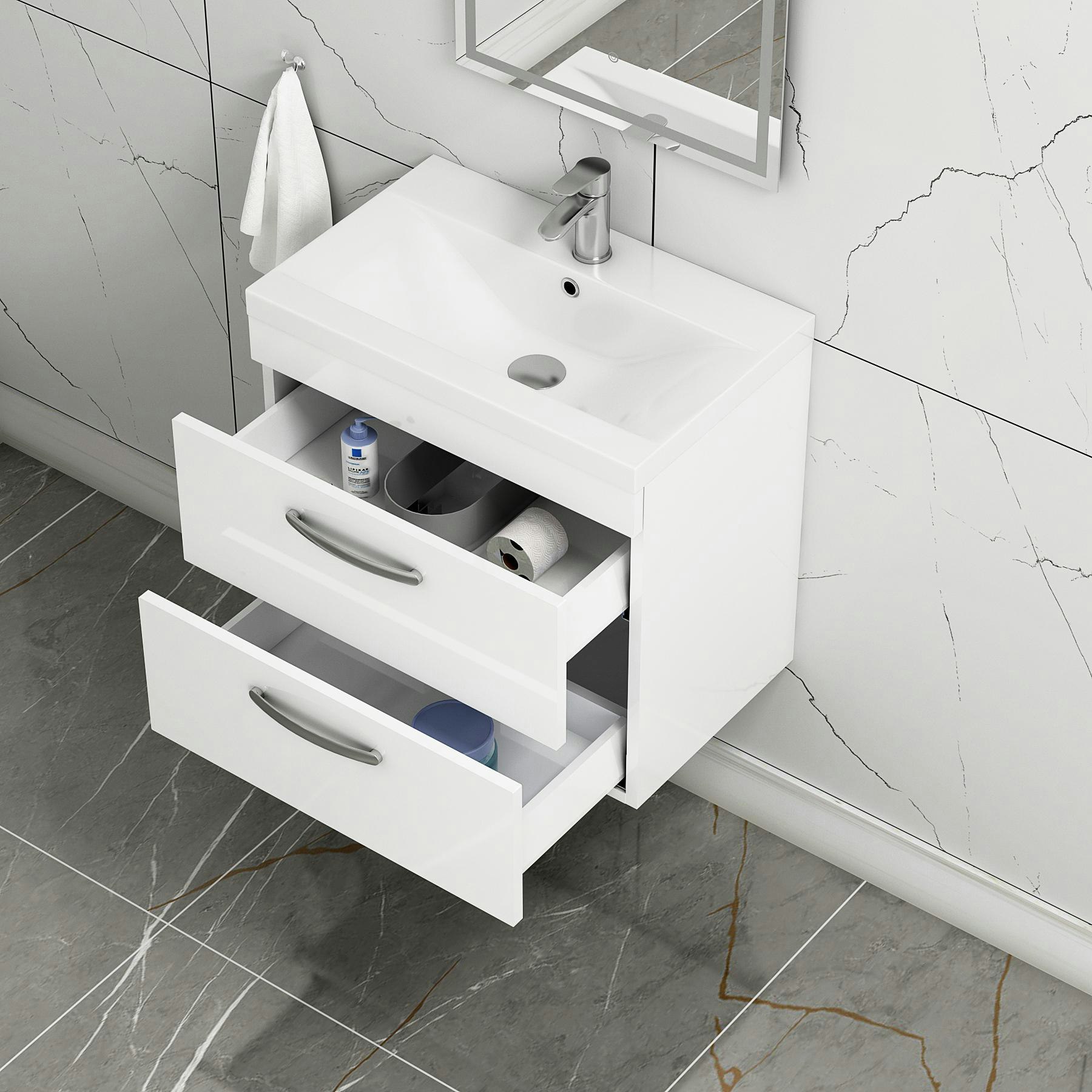 Turin 500 / 600 / 800mm Wall Hung Vanity Unit Gloss White 2 Drawer ...