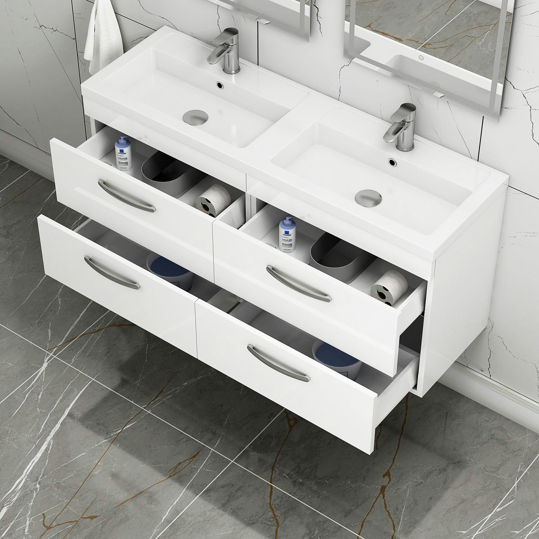 Turin 1200mm Wall Hung Vanity Unit Gloss White 4 Drawer - Double Sink ...