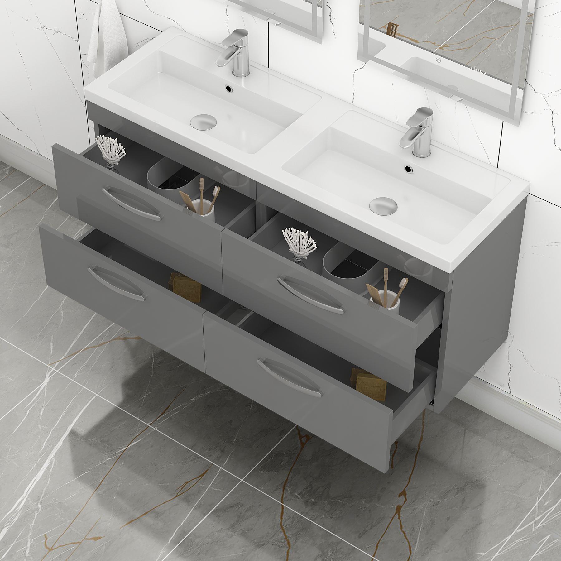 Turin 1200mm Wall Hung Vanity Unit Indigo Grey Gloss 4 Drawer - Double ...