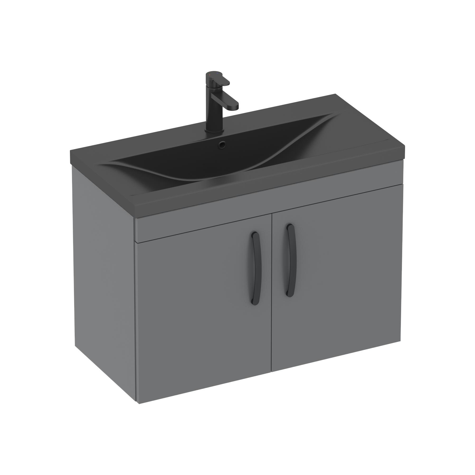 Turin Indigo Grey Gloss 2 Door Wall Hung Vanity Unit with Black Mid ...