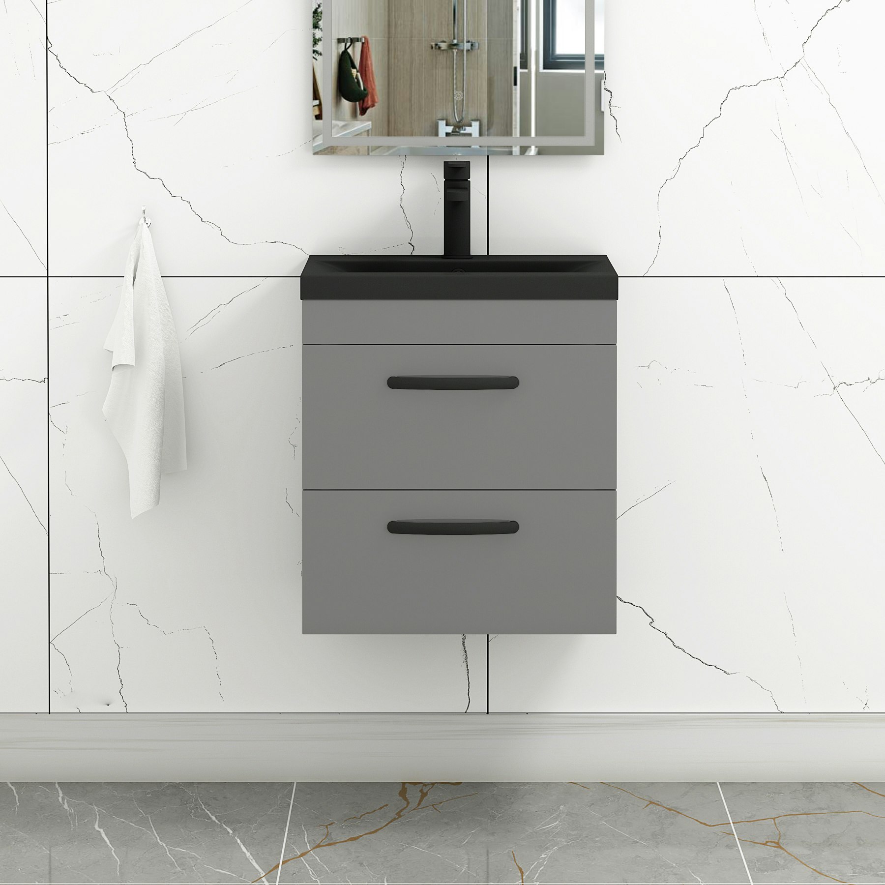 Turin Indigo Grey Gloss 2 Drawer Wall Hung Vanity Unit with Black Mid ...
