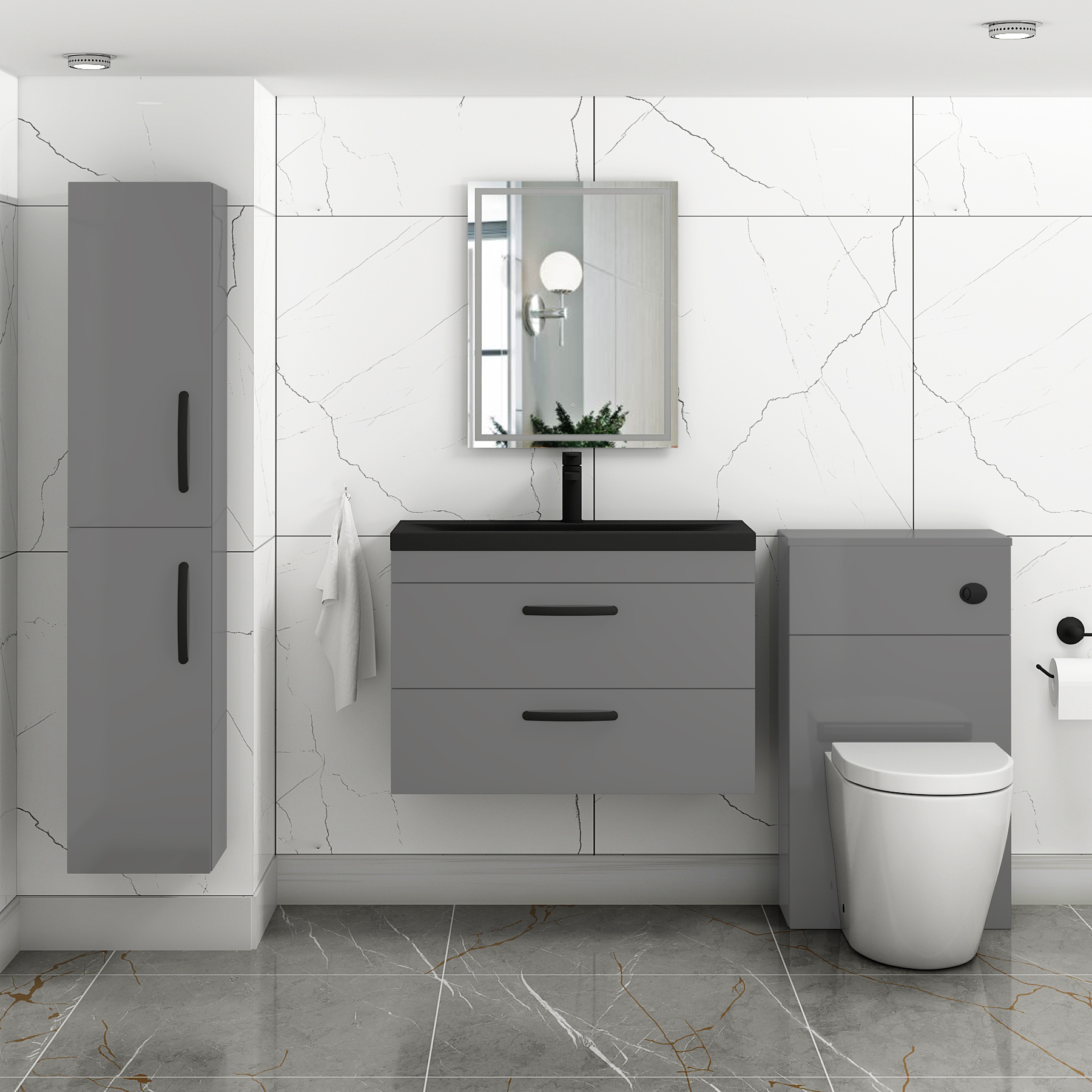 Turin Indigo Grey Gloss 2 Drawer Wall Hung Vanity Unit with Black Mid-Edge Basin - Multiple ...