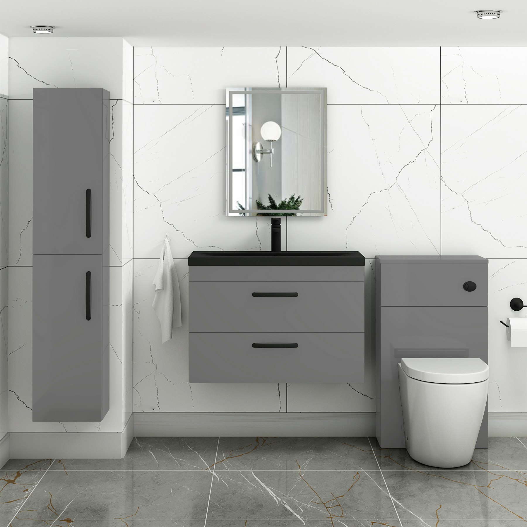 Turin Indigo Grey Gloss 2 Drawer Wall Hung Vanity Unit with Black Mid ...