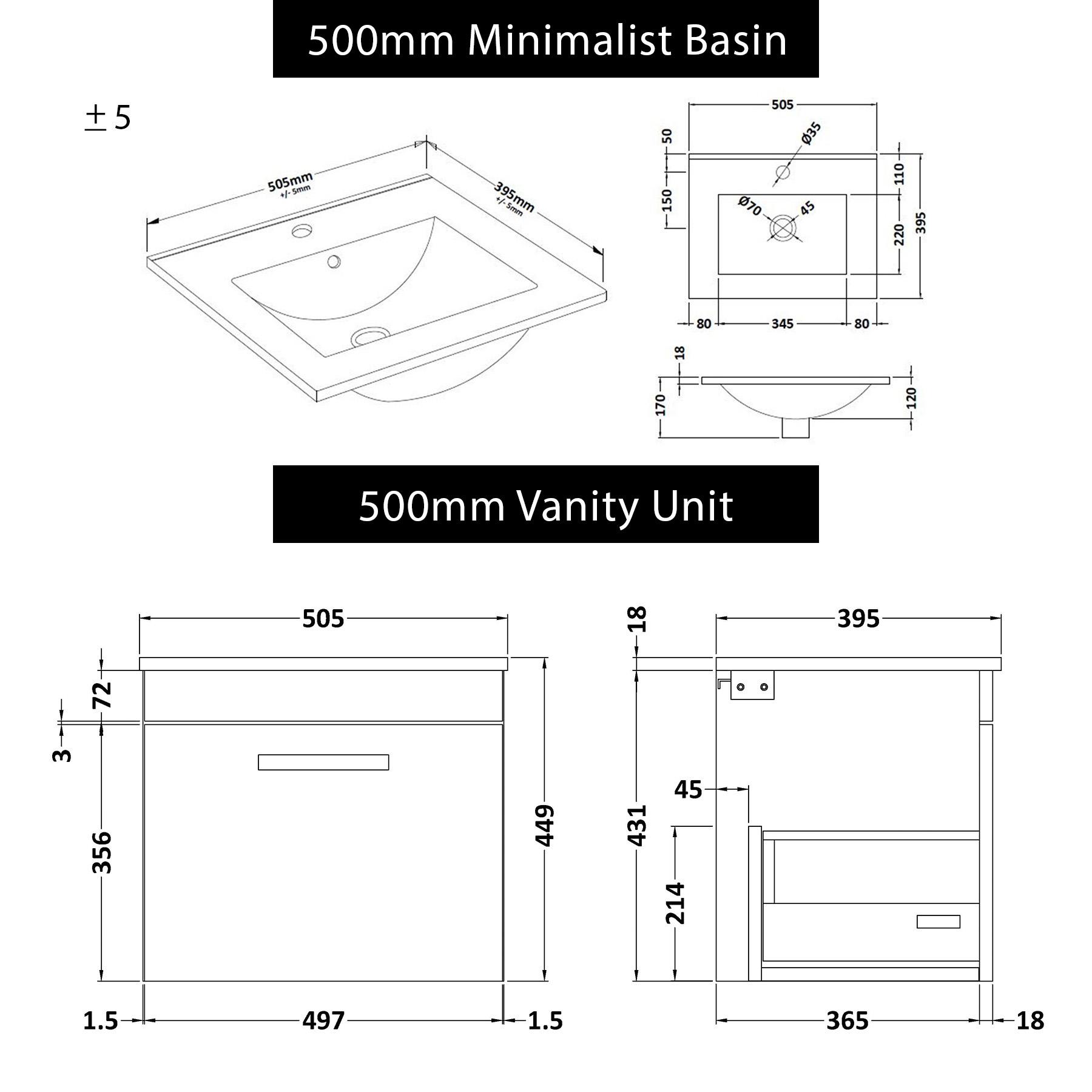 Turin 500mm Wall Hung Vanity Sink Unit 1 Drawer Indigo Grey Gloss ...