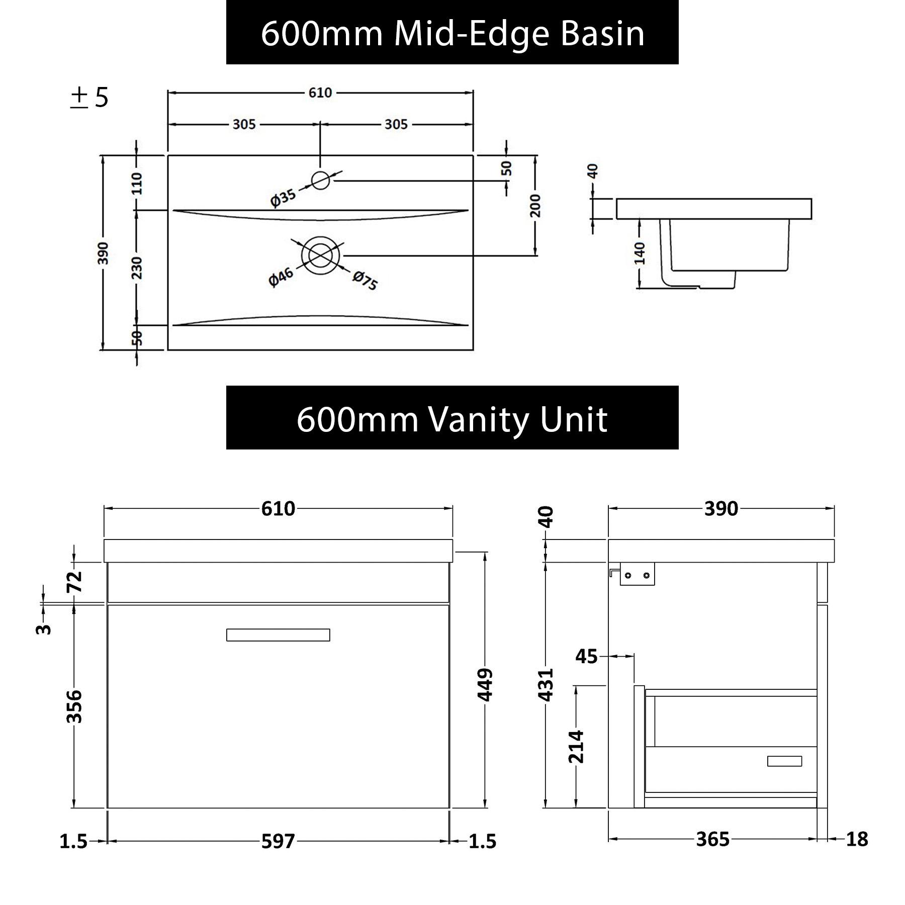 Turin 600mm Wall Hung Vanity Sink Unit 1 Drawer Indigo Grey Gloss - Mid-Edge Basin | Royal Bathrooms