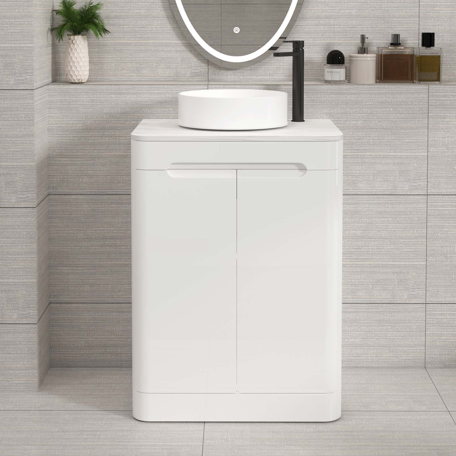 Venice Gloss White 2 Door Floor Standing Vanity Unit with Carrara White ...