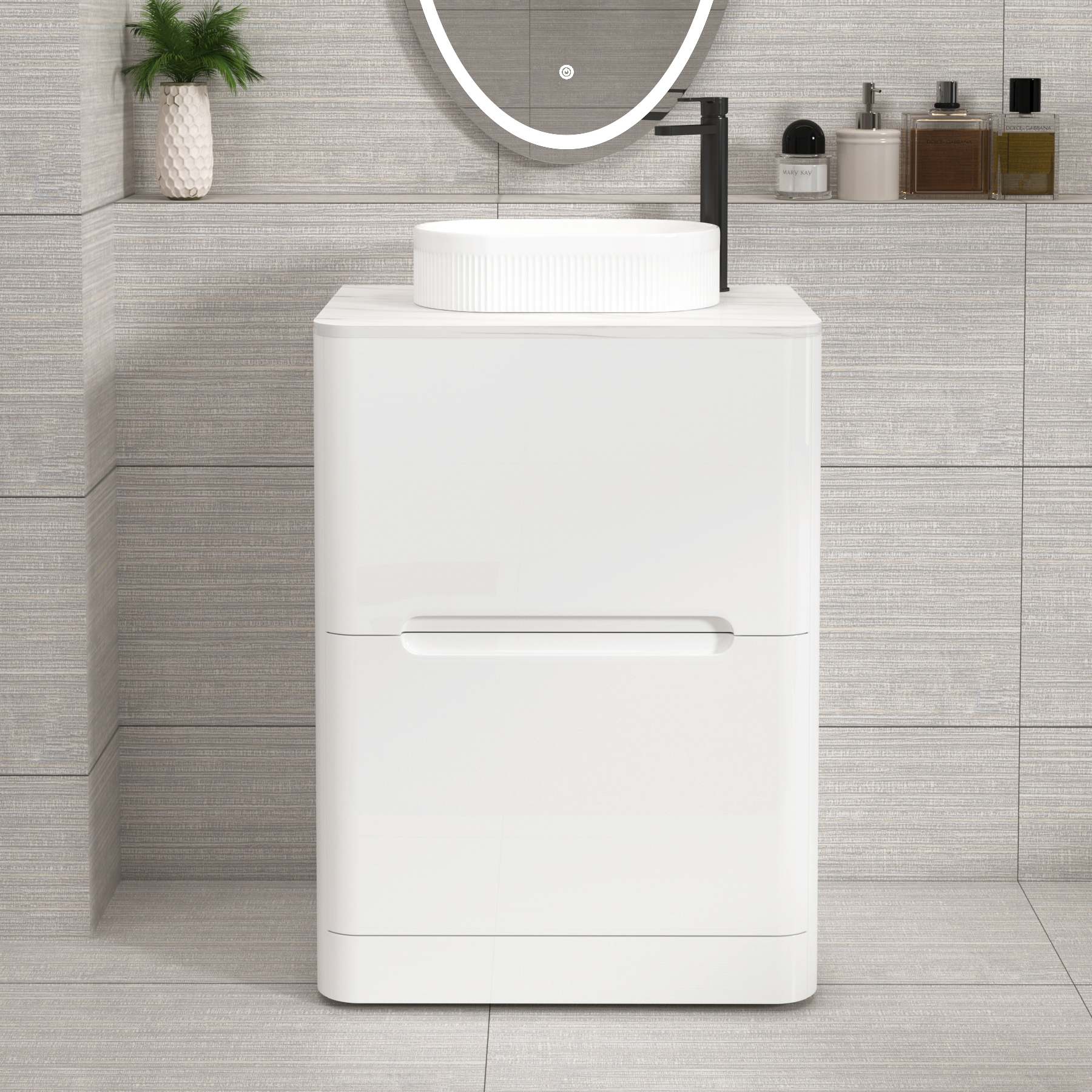 Venice 600mm Gloss White Floor Standing Countertop Vanity Unit 2 Drawer ...