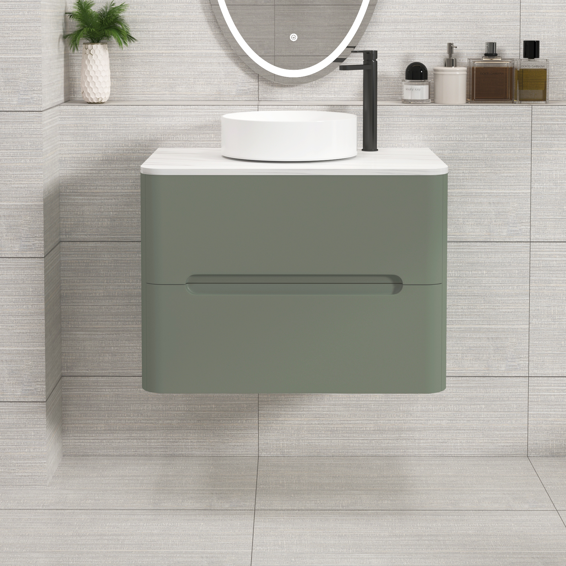 Venice 700mm Sage Green Wall Hung Vanity Unit 2 Drawer with Carrara ...