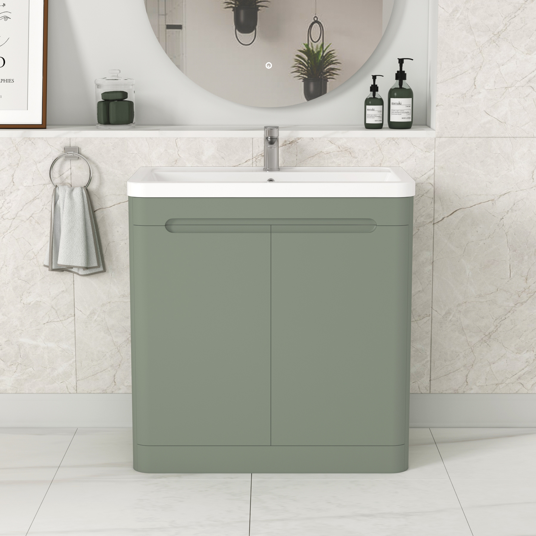 Venice Satin Green 2 Door Floor Standing Vanity Unit with Ceramic Basin ...