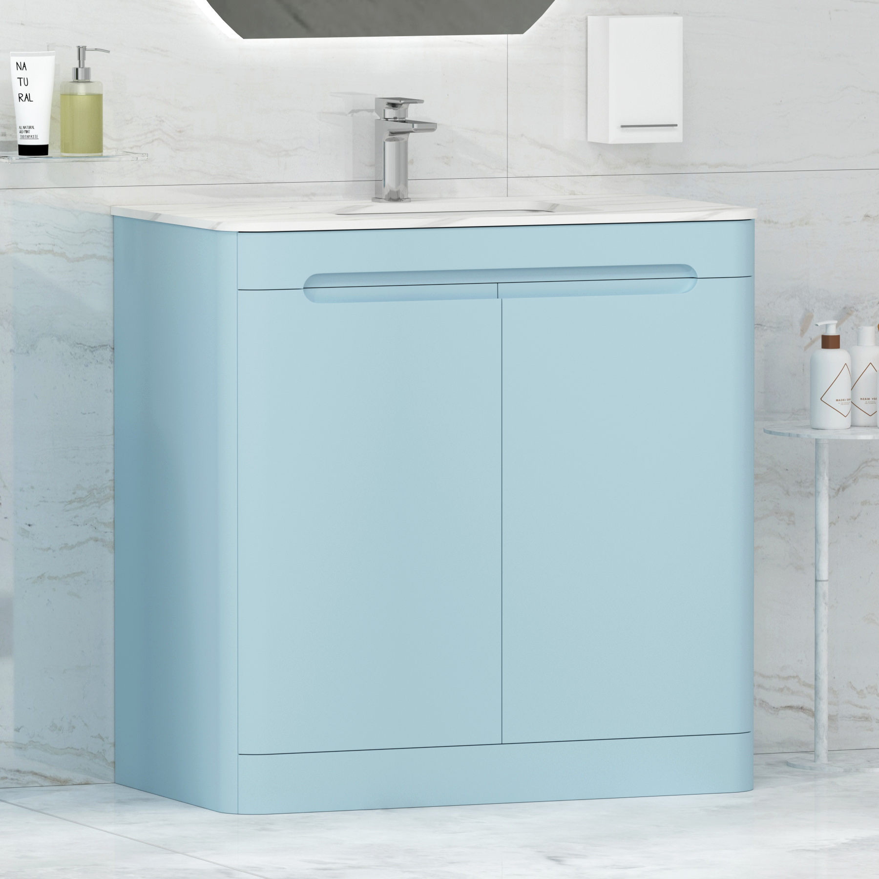 Venice 800mm Powder Blue Floor Standing Vanity Unit 2 Door with Carrara ...