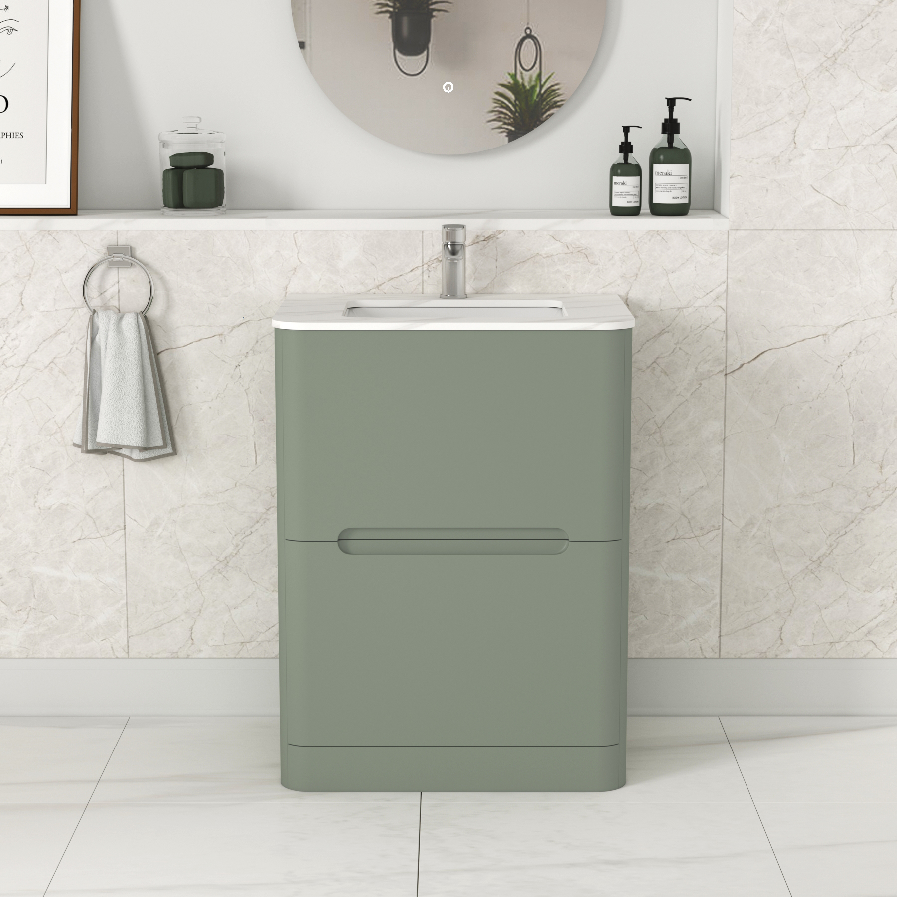 Venice 600mm Sage Green Floor Standing Vanity Unit 2 Drawer with ...