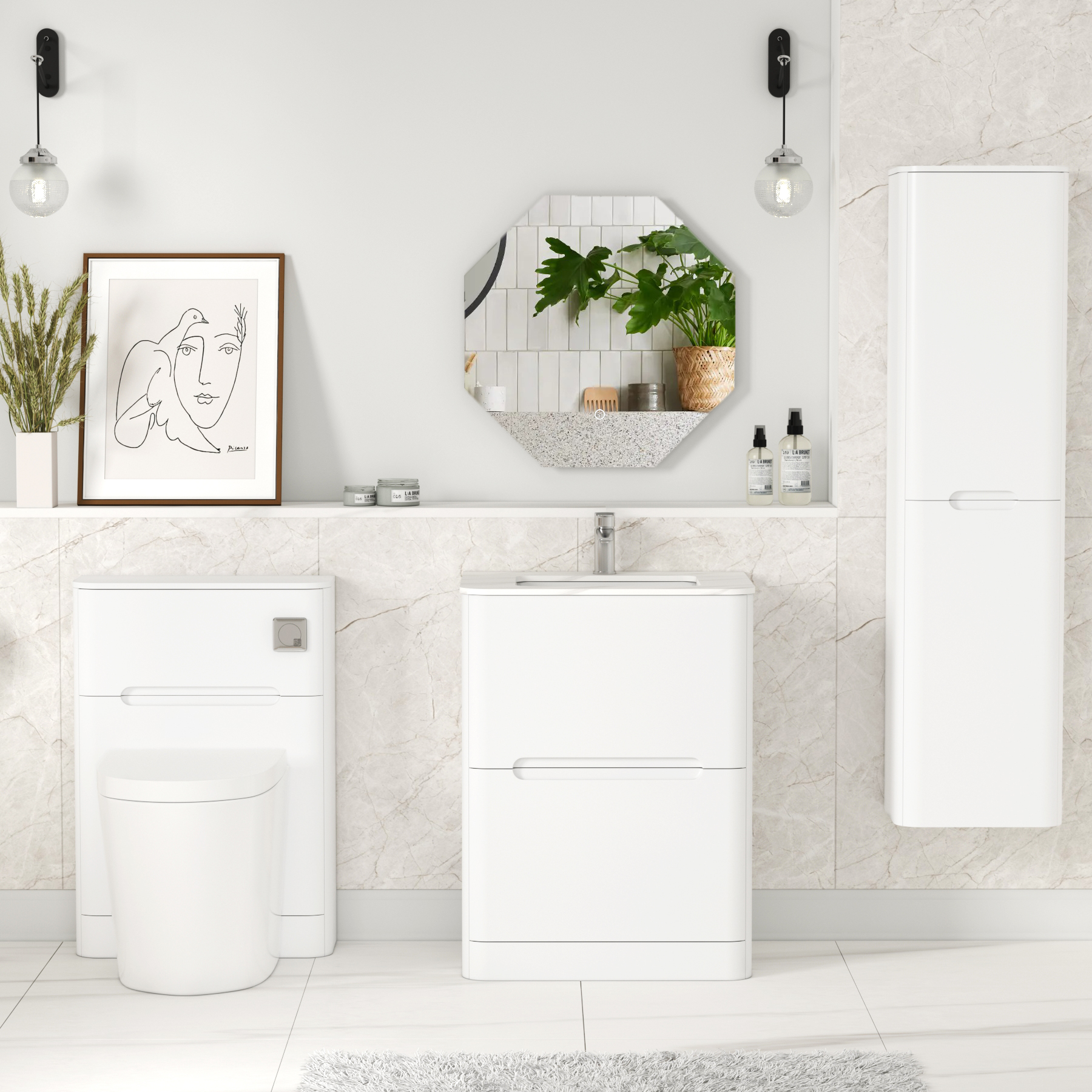 Venice Satin White 2 Drawer Floor Standing Vanity Unit with Carrara ...