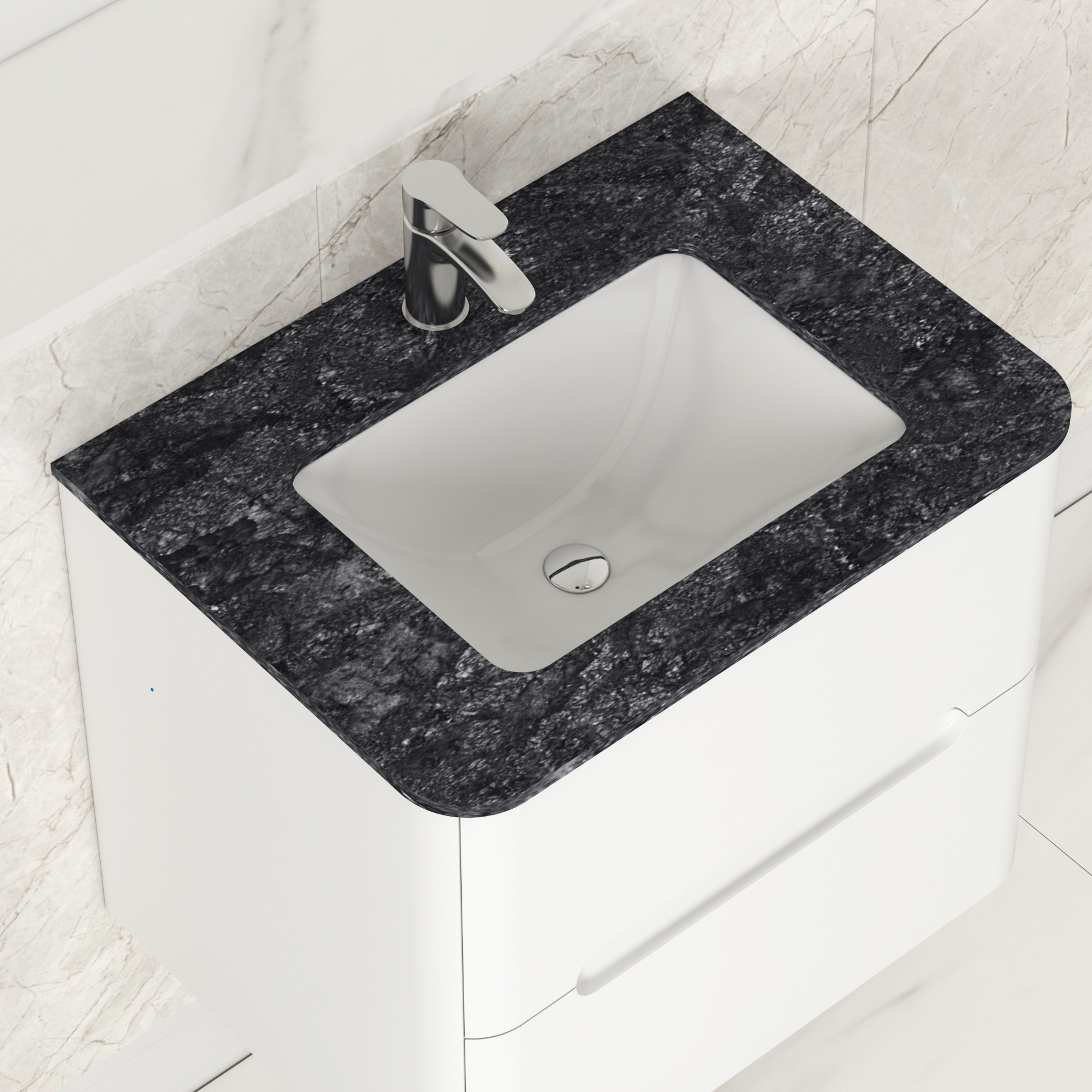 Venice 600mm Satin White Wall Hung Vanity Unit 2 Drawer with Black Star ...