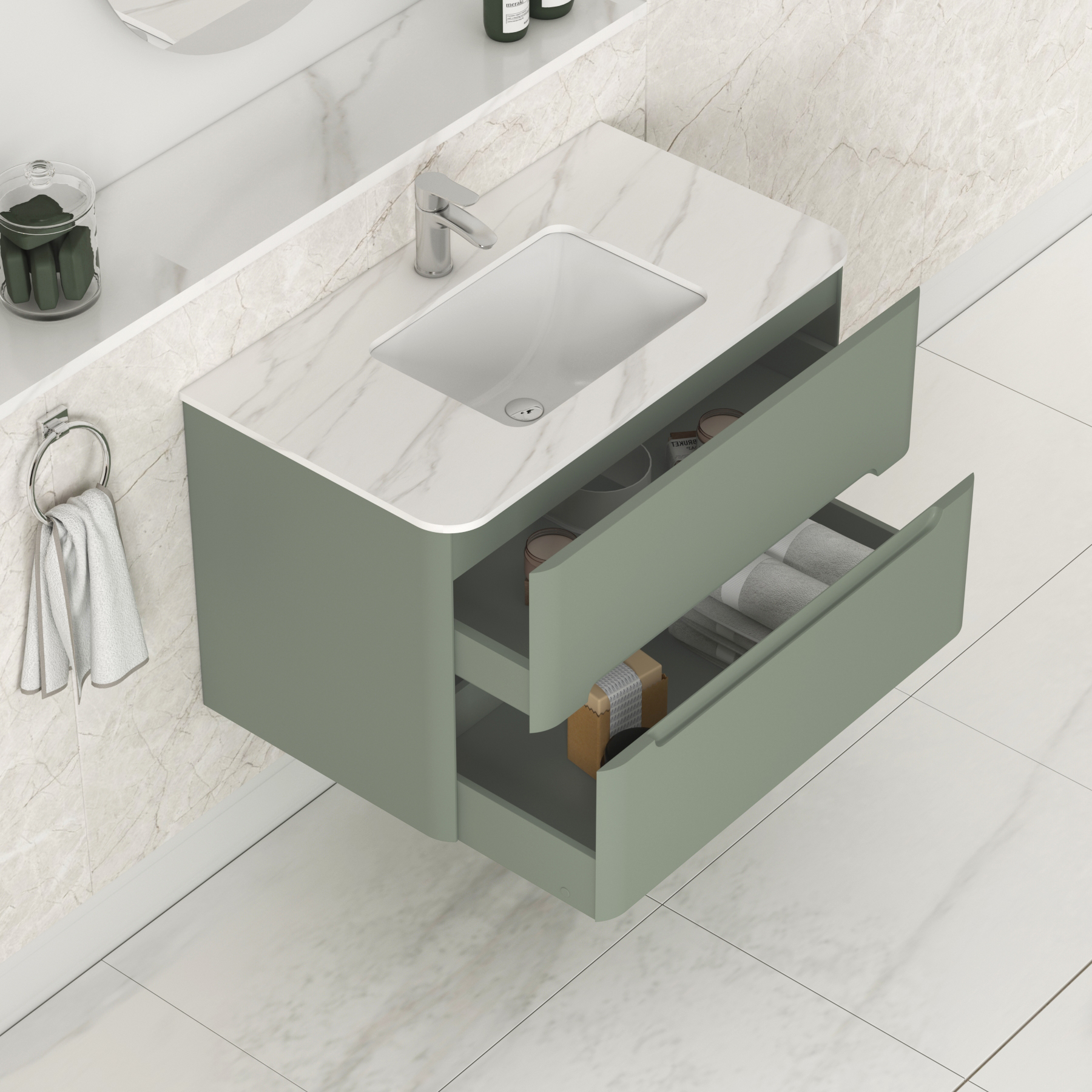 Venice 800mm Satin Green Wall Hung Vanity Unit 2 Drawer with Carrara ...