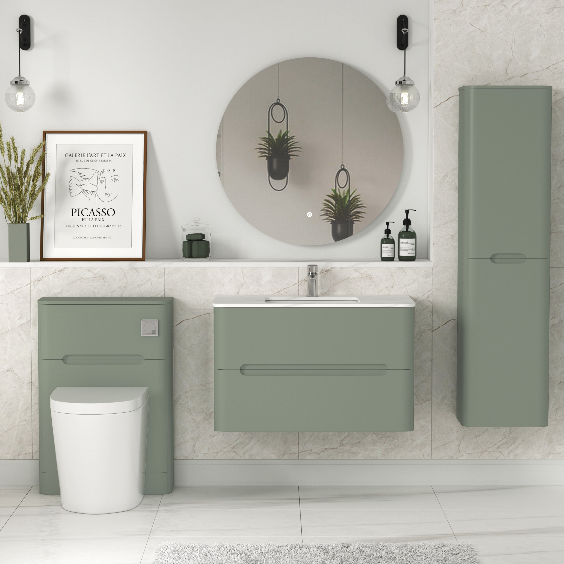 Venice 800mm Satin Green Wall Hung Vanity Unit 2 Drawer with Carrara ...